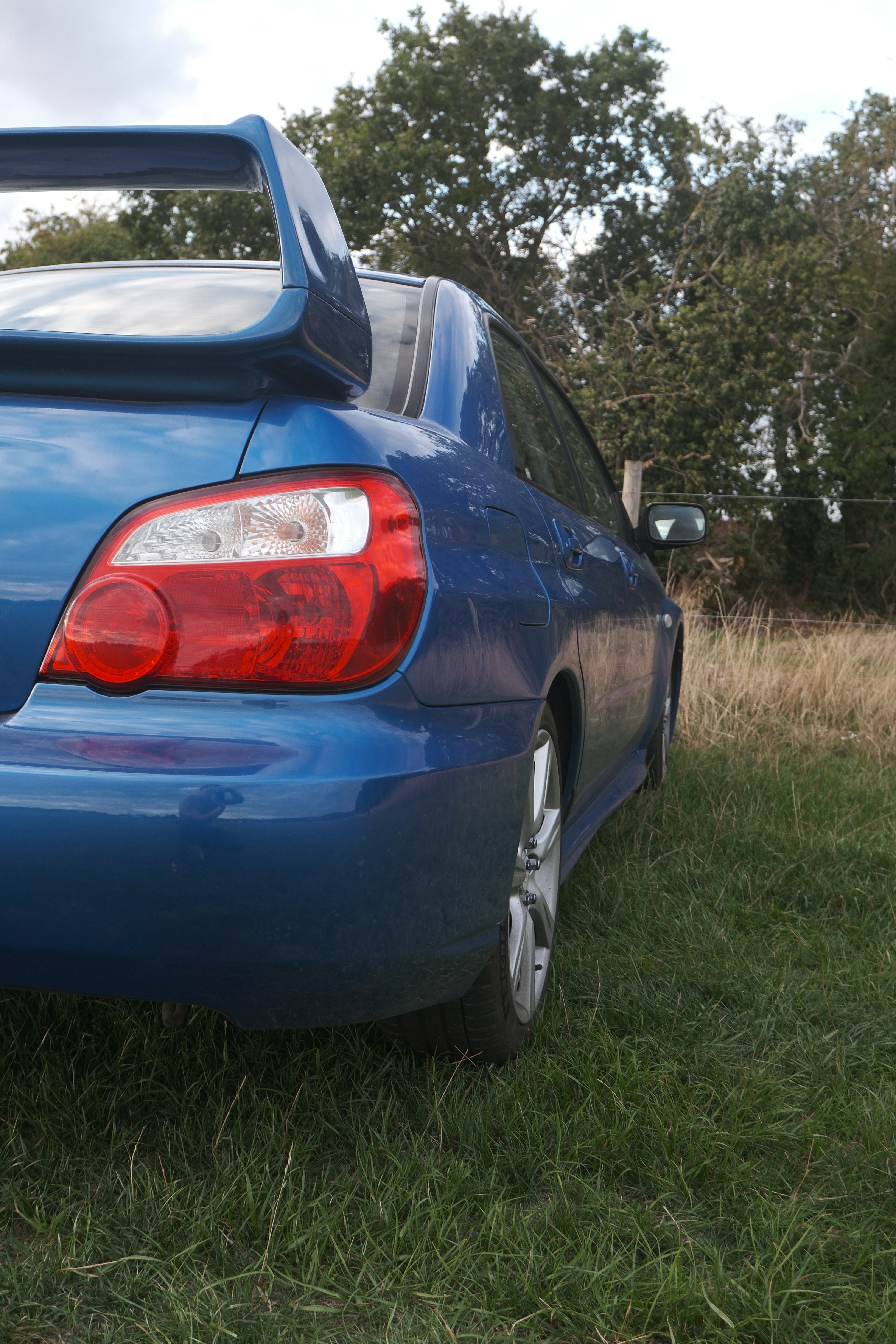 Blue Burst: rear-quarter of a tuned hatch resting in a sunlit field