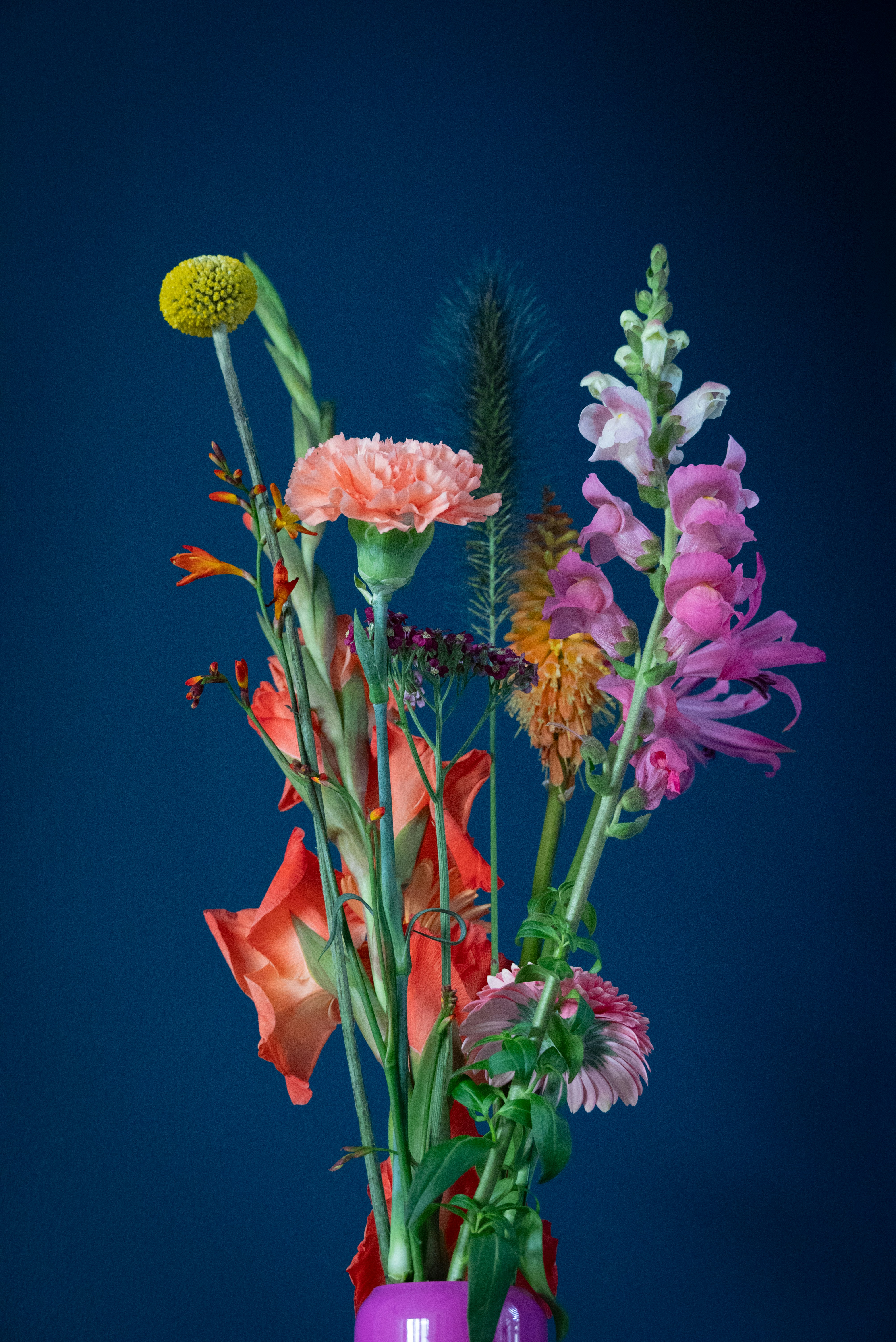 Colorful garden bouquet arranged in a pink vase against a deep blue background. A mix of pink, purple, orange, and yellow blooms creates height and texture. Note: a painting-like still life arrangement.