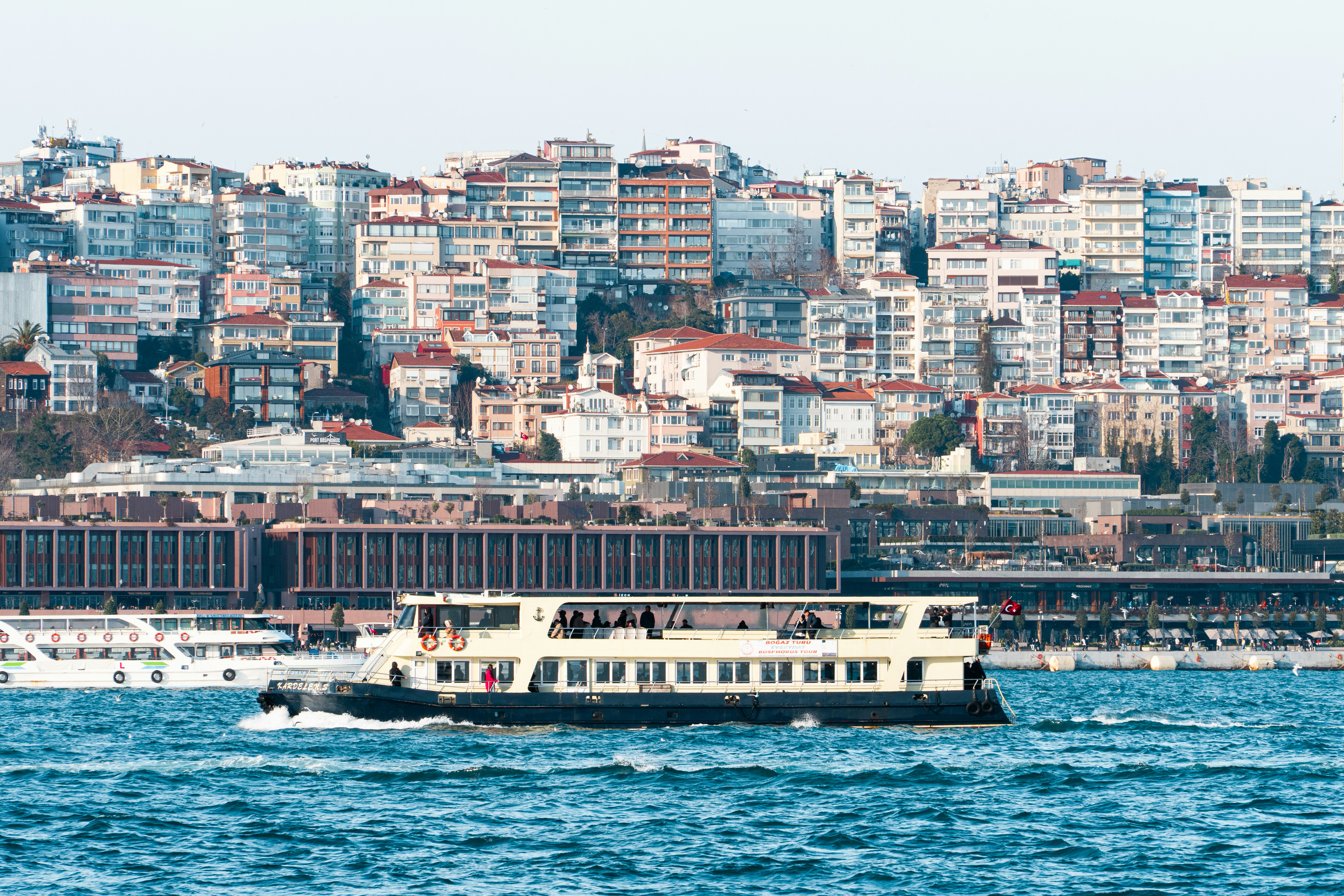 Harbor Ferry Traverses a Hillside Cityscape