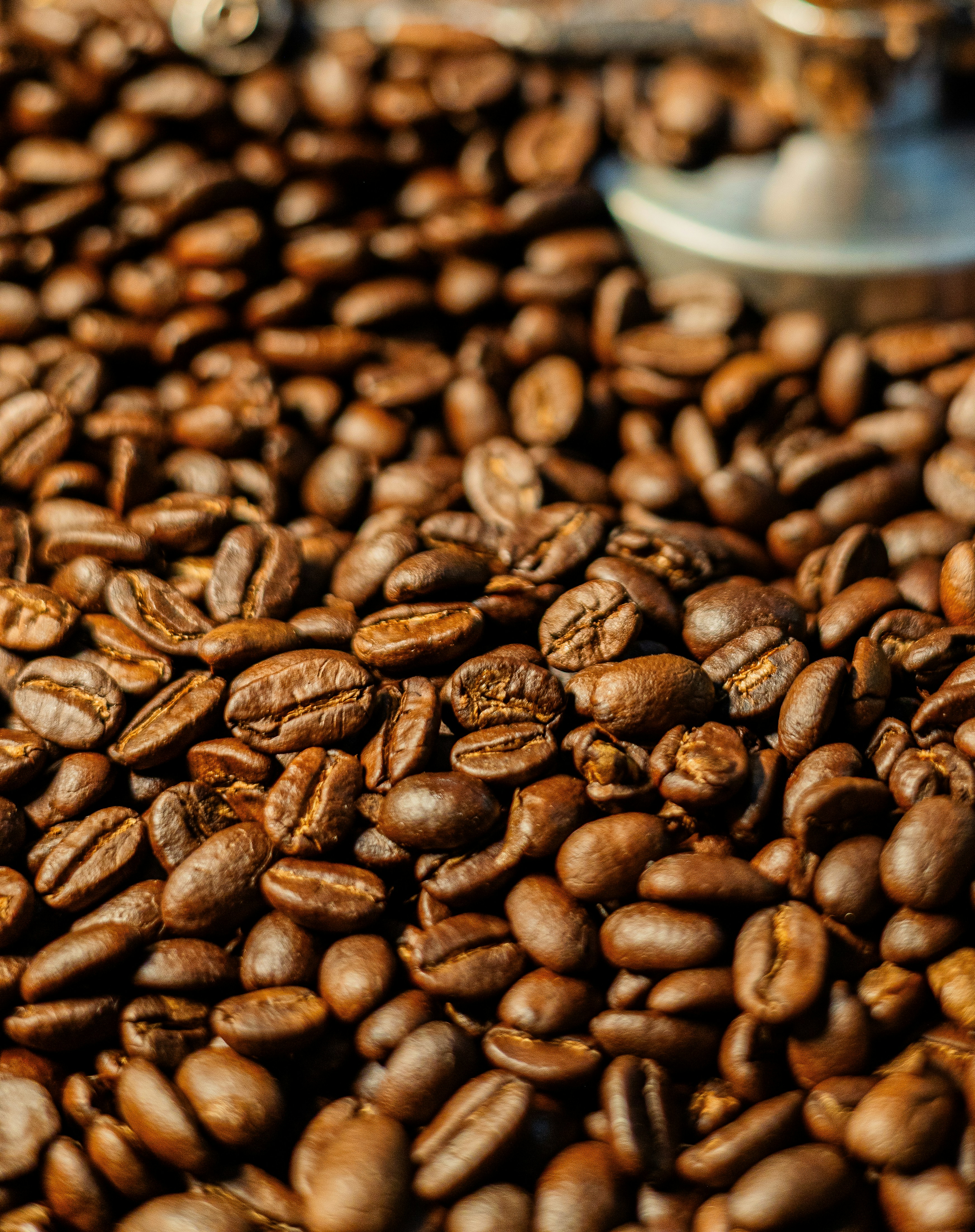 Rich roasted coffee beans fill the frame, with a hint of a metal scoop in the upper right; warm tones and tactile texture emphasize aroma and depth of field.