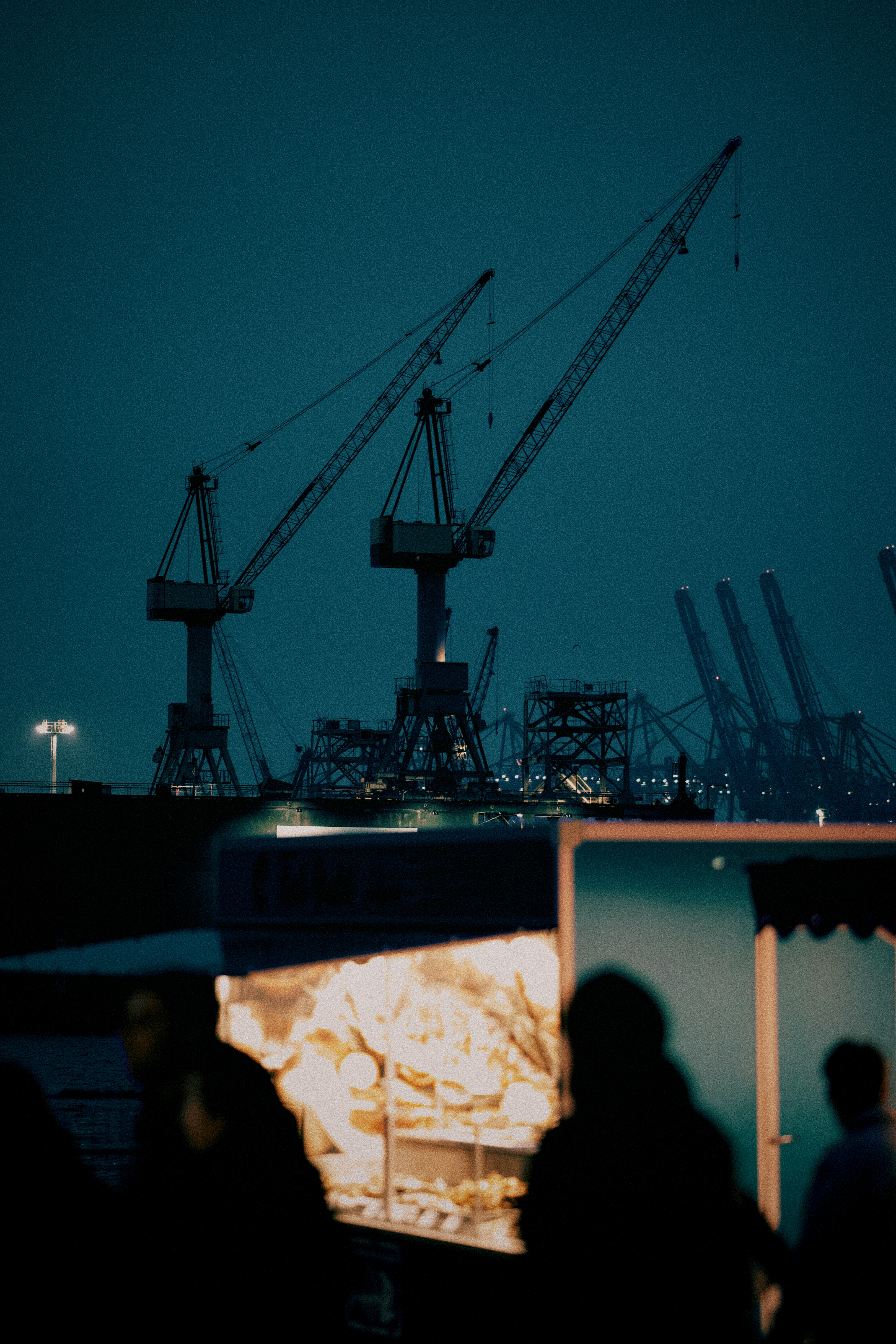 Industrial silhouettes under a nocturnal harbor glow
