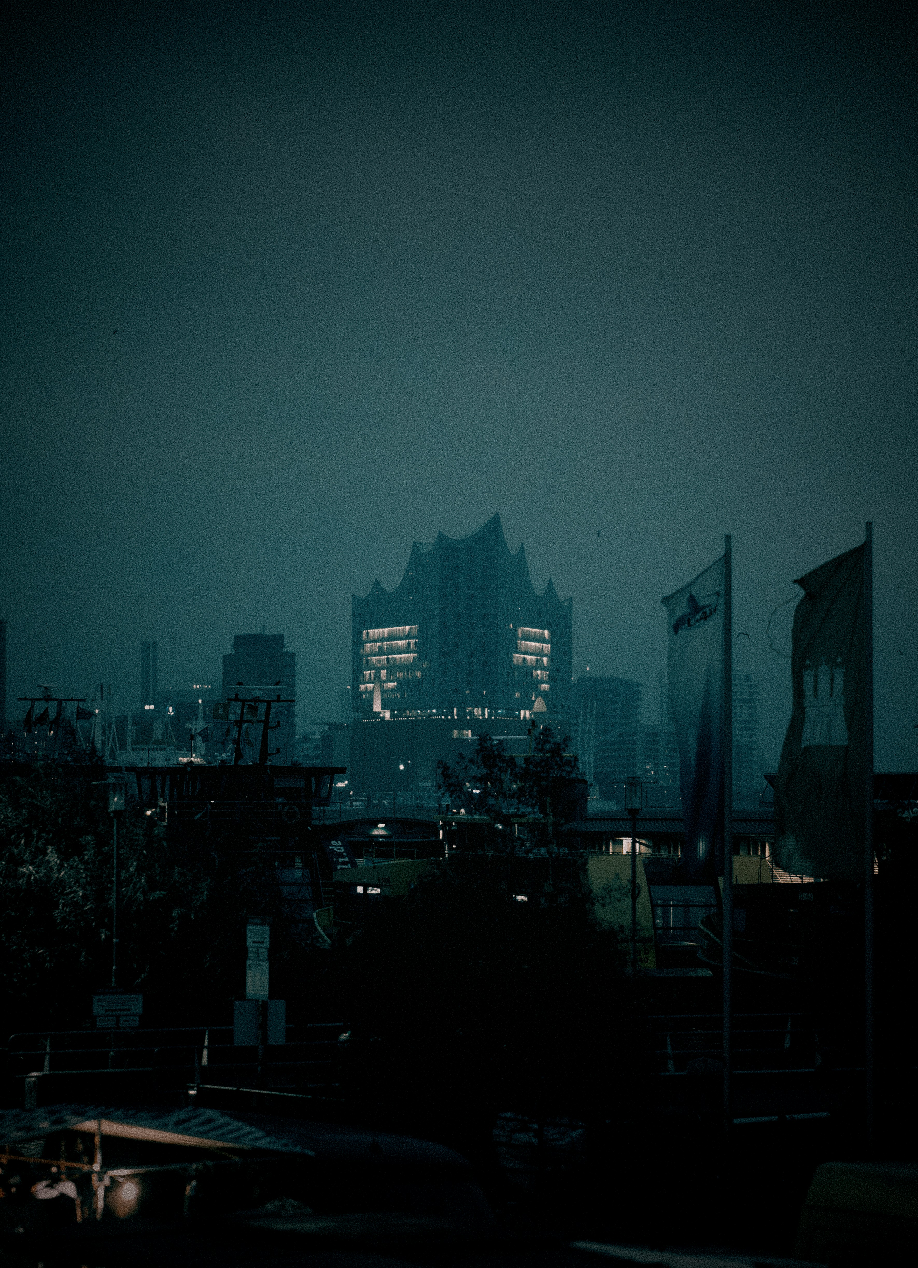 Midnight Skyline: Dome-Crowned Building Framed by Floating Flags