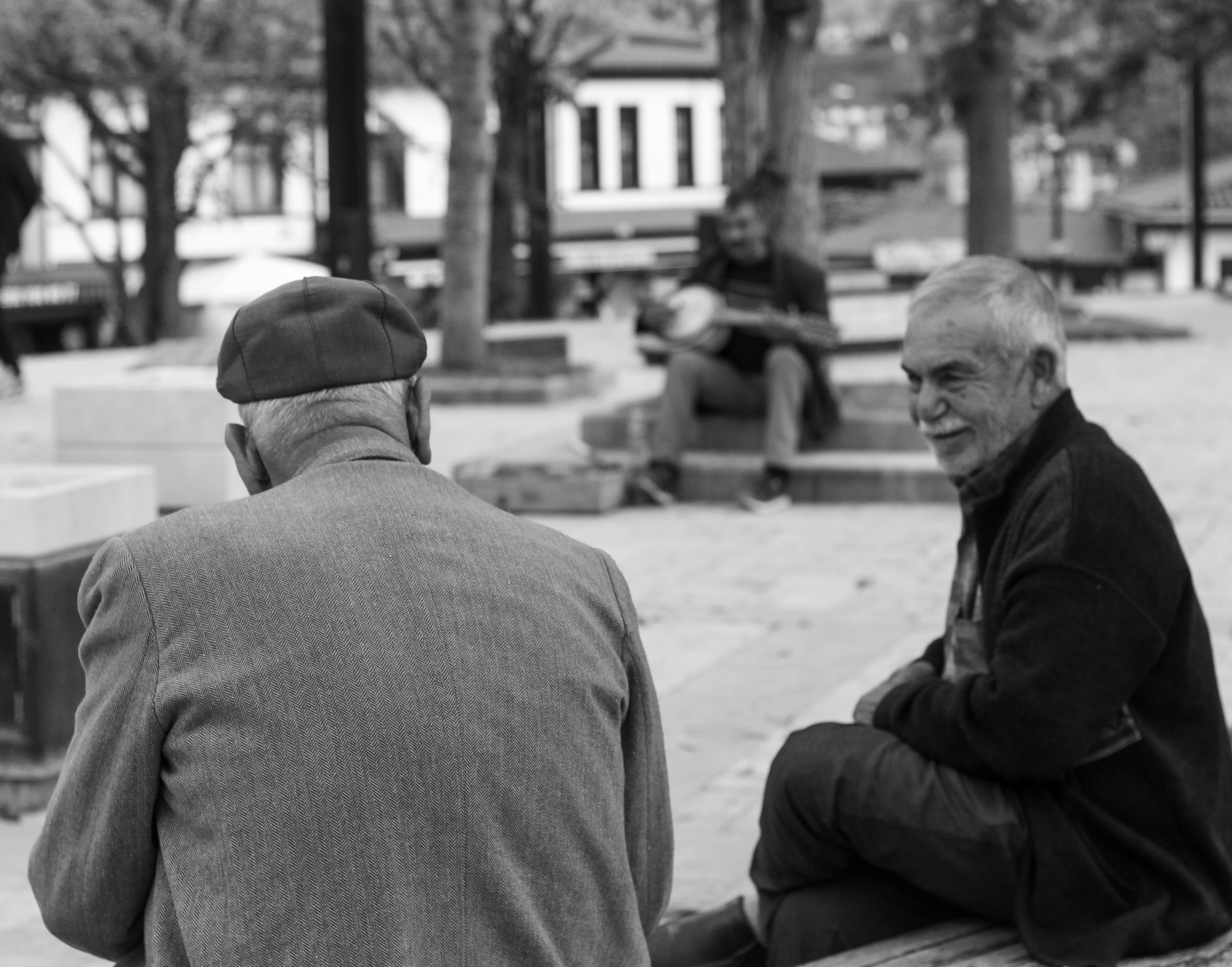 Quiet Exchange: Two Men in a Park Bench Conversation