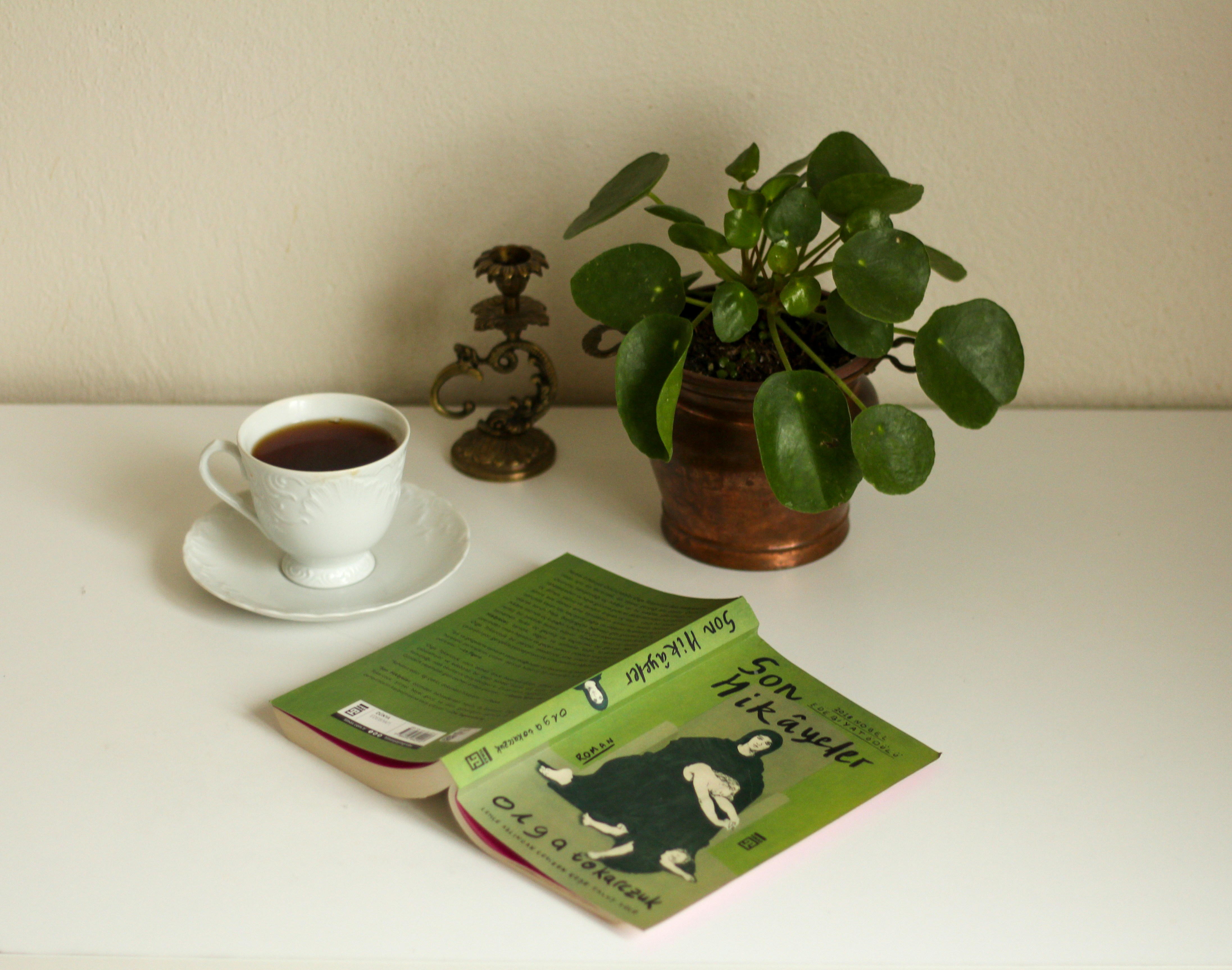 Quiet Morning: Books, Coffee, and a Potted Plant on a Minimal Desk