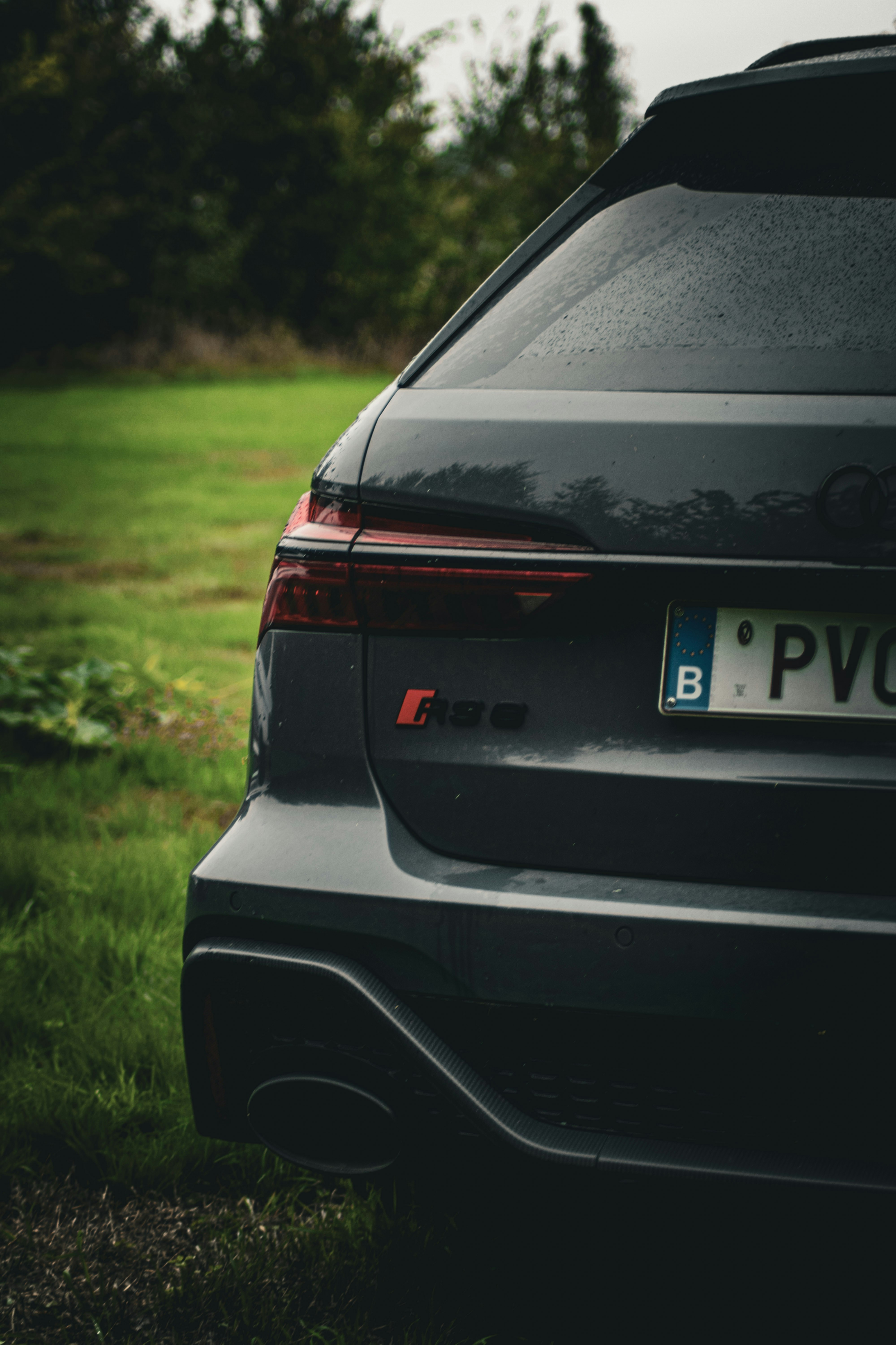 Dark SUV seen from the rear in a grassy field with a blurred treeline; focus on the taillights and badge, with visible Belgium plate edge, suggesting a travel or parked vehicle scene.