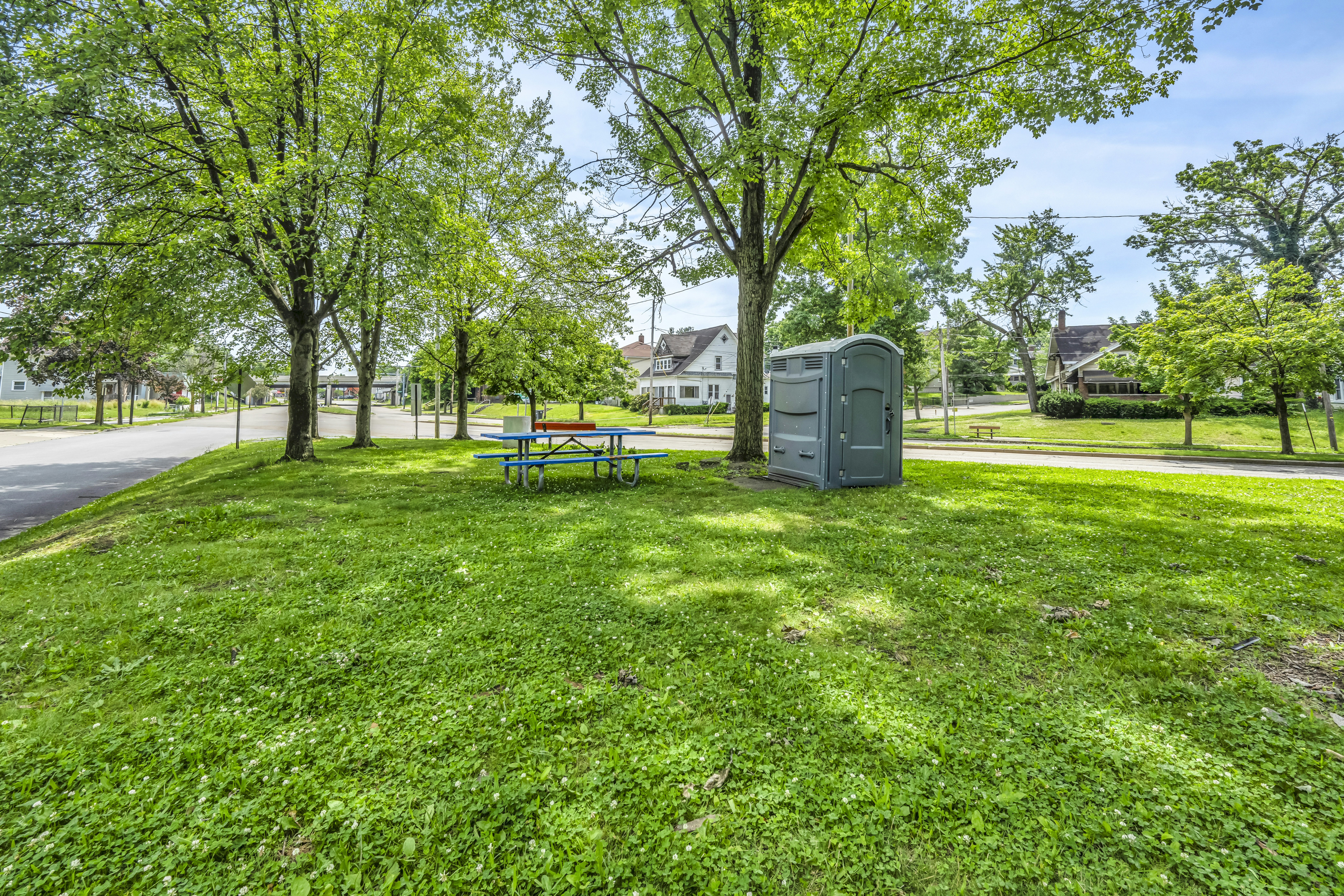 Blue picnic table and portable toilet on a mowed lawn at a neighborhood park