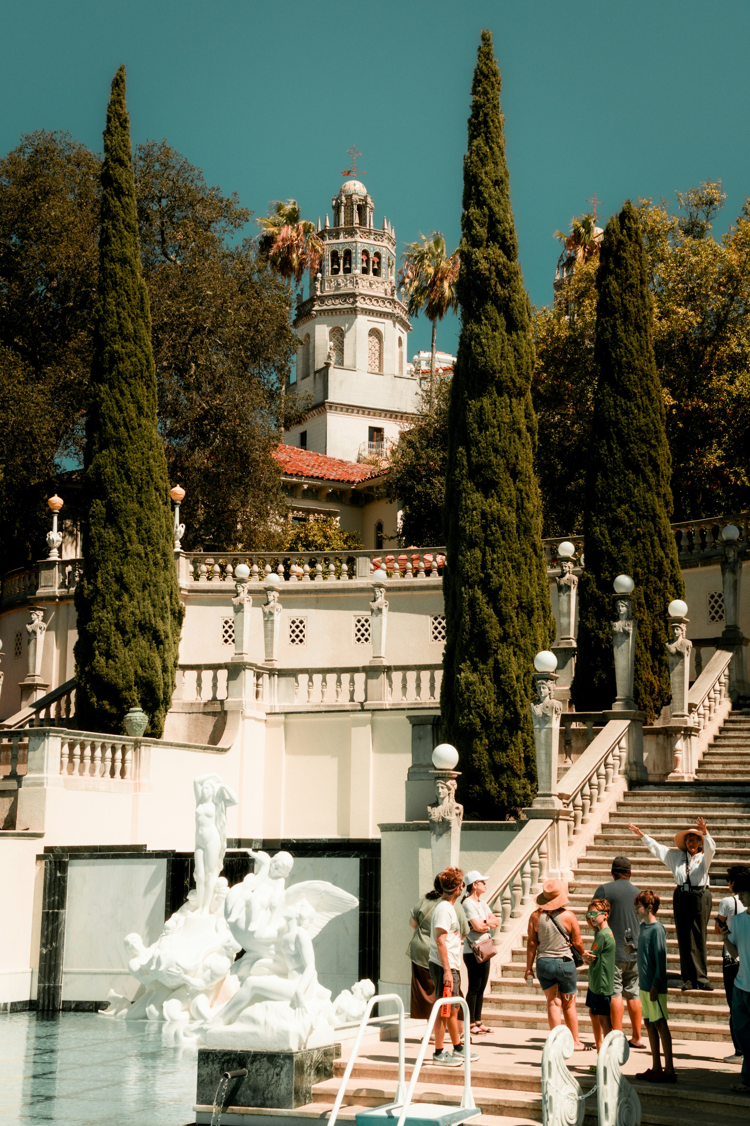 Sunlit terraces and statues at a sun-drenched hillside garden
