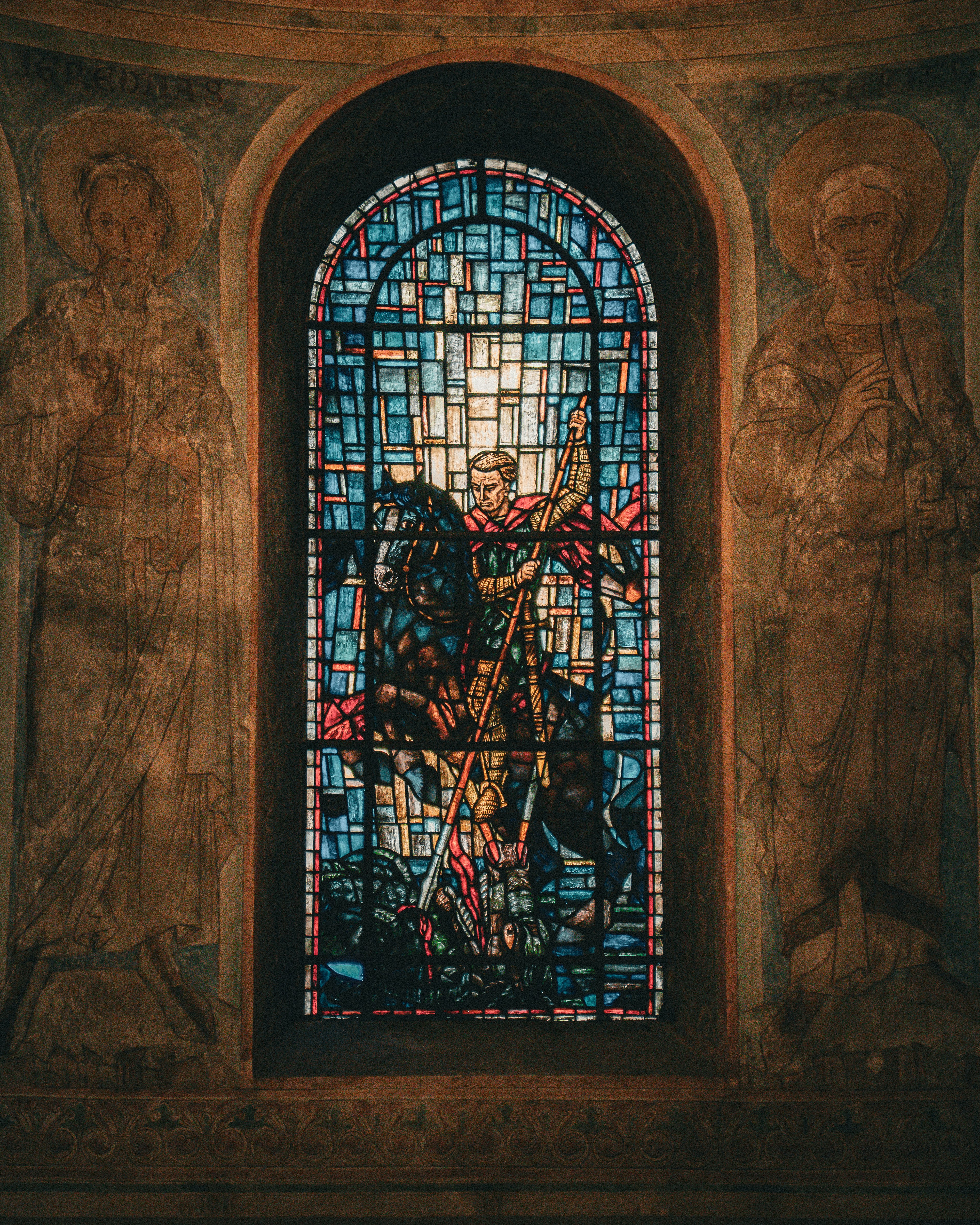 Stained Glass Window: Central Panel of a Noble Knight Amid Medieval Fresco