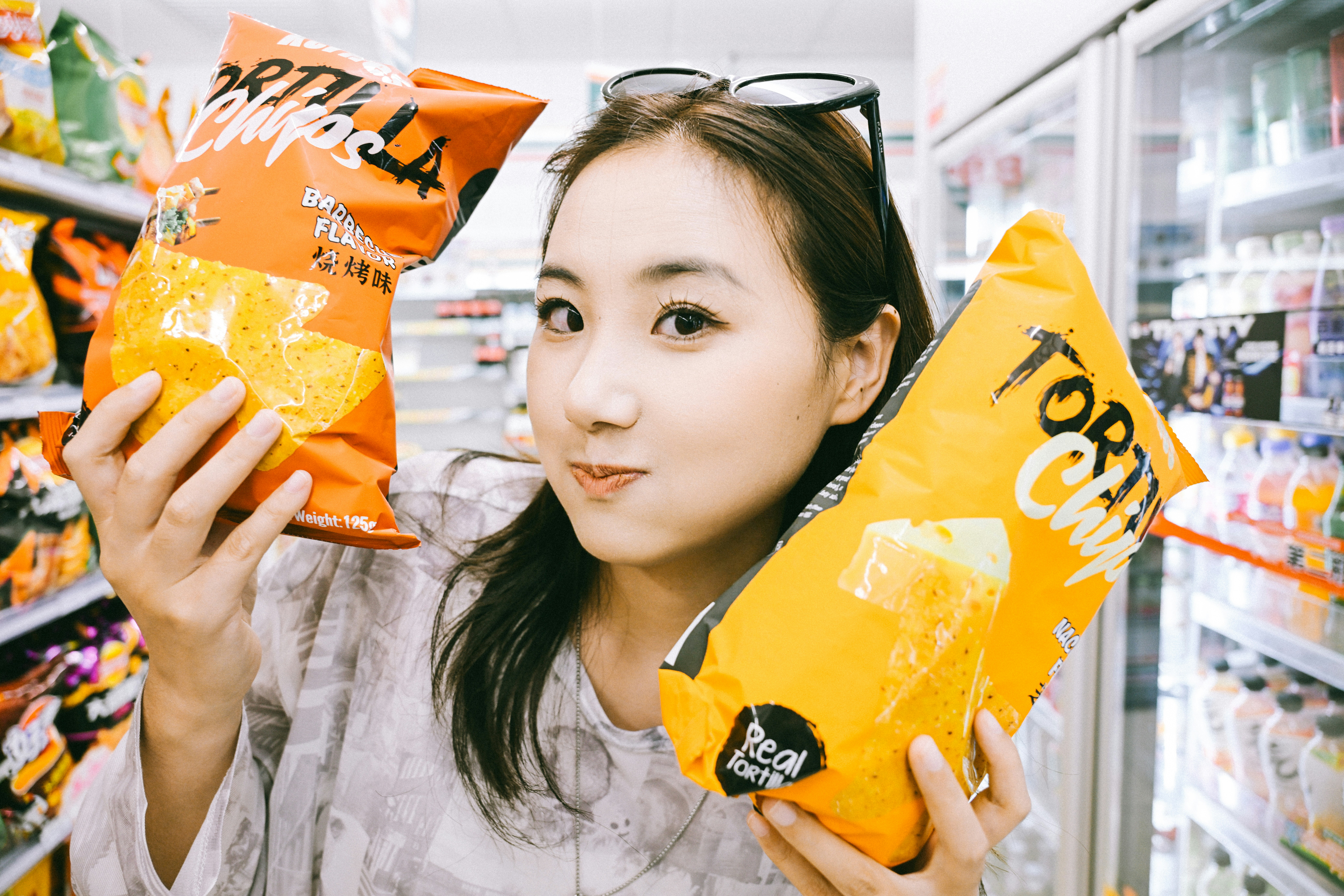 Snack-lit Smile: A Neon Snack Moment in the Aisle