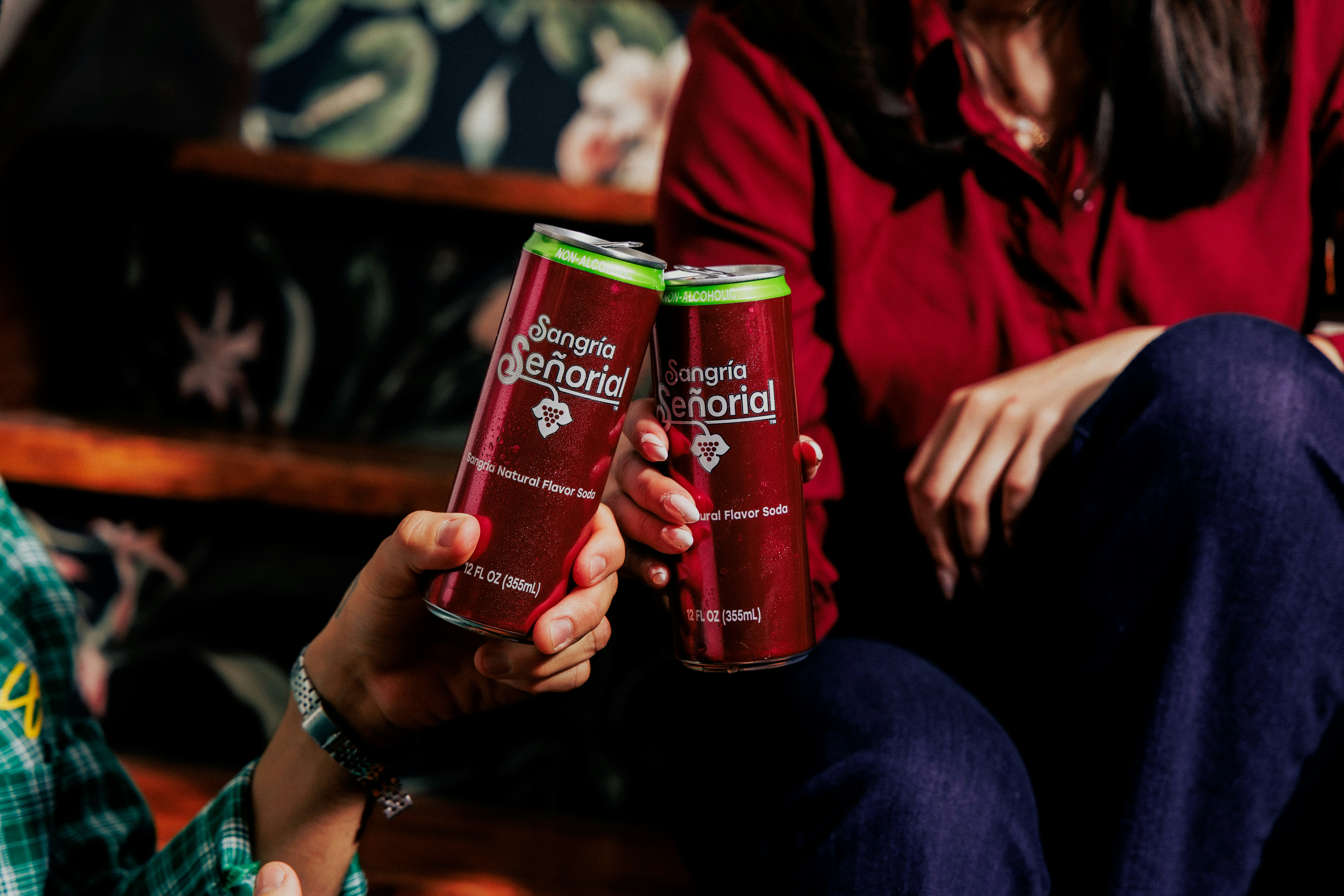 Clinking Cans in a Casual Lounge Moment