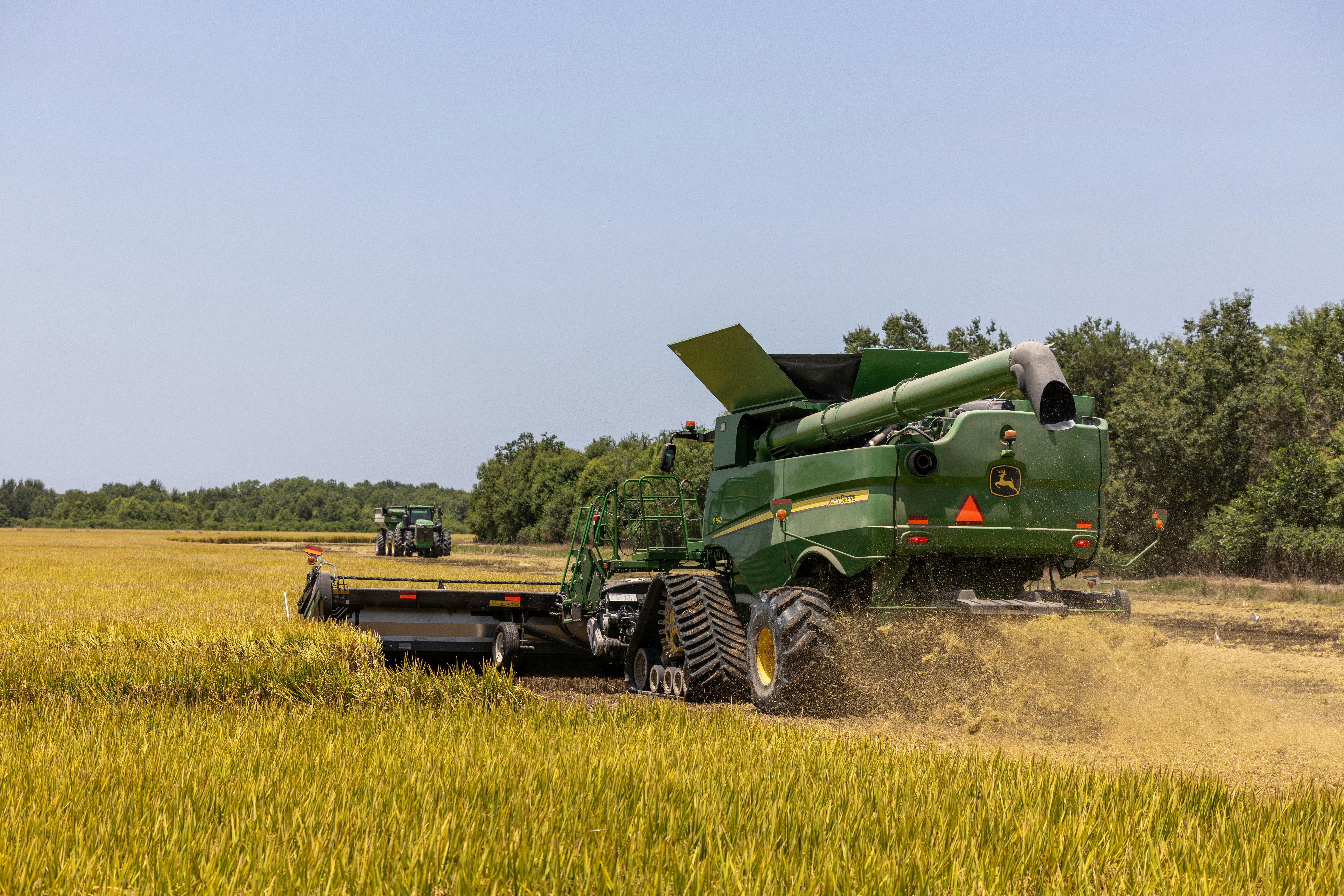 Golden harvest field with a green combine harvester moving through grain, kicking up dust as it works under a clear sky.
