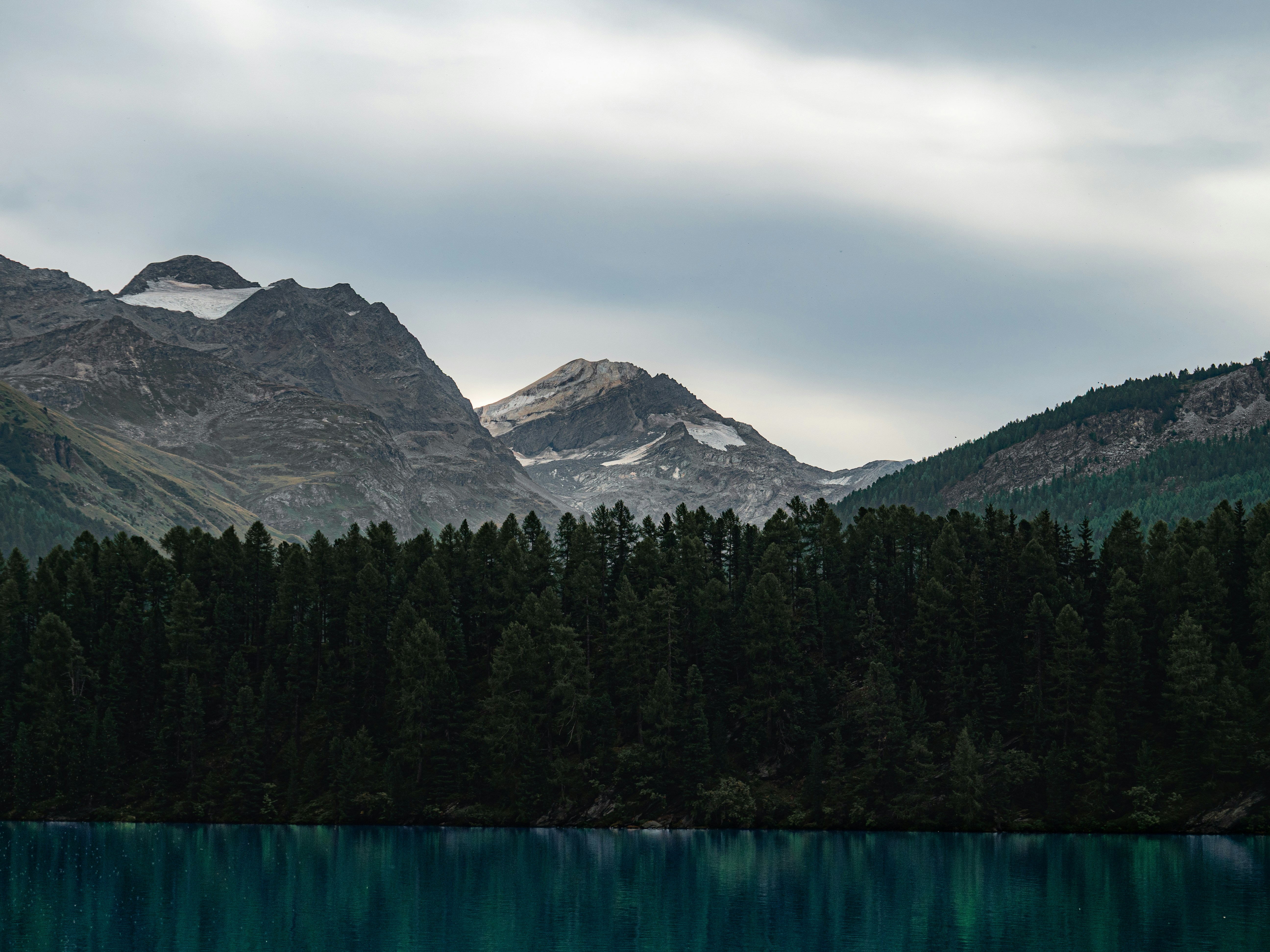 Snow-dusted Peaks Over a Dark Pine Foothill