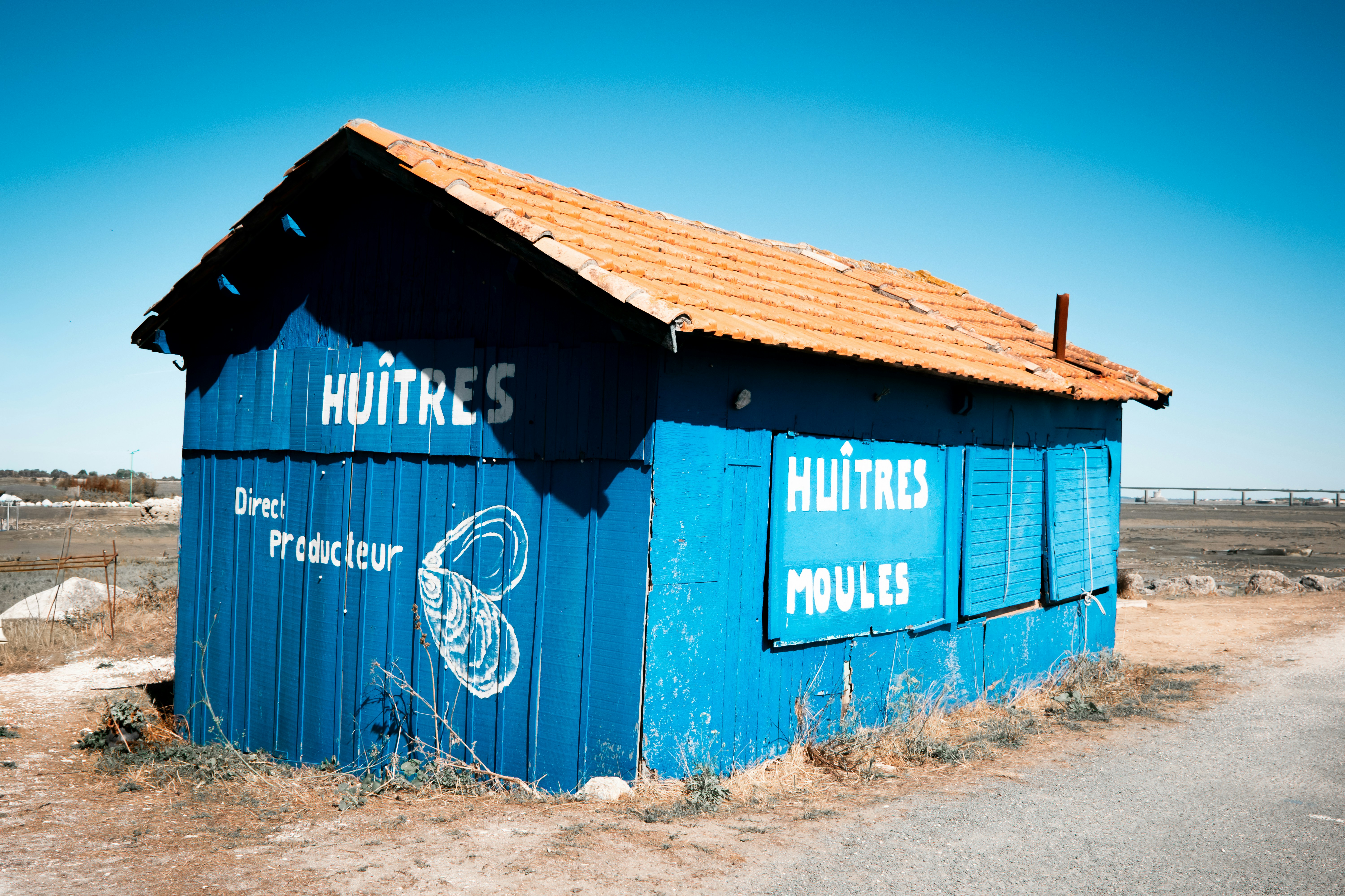 Blue shack on arid coast under clear noon sky