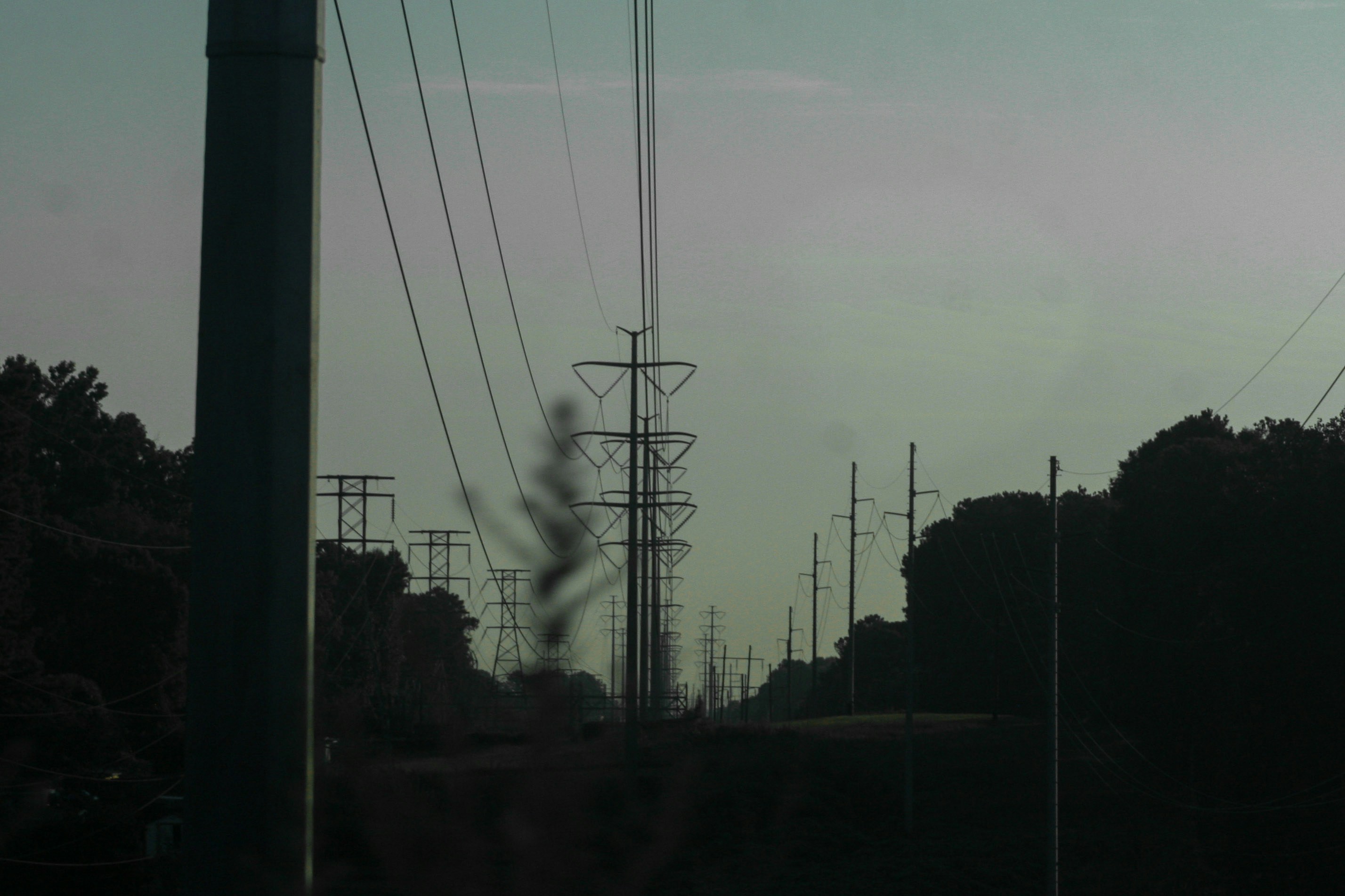 Distant power lines extend along a rural track, fading toward a hazy horizon with trees on either side.