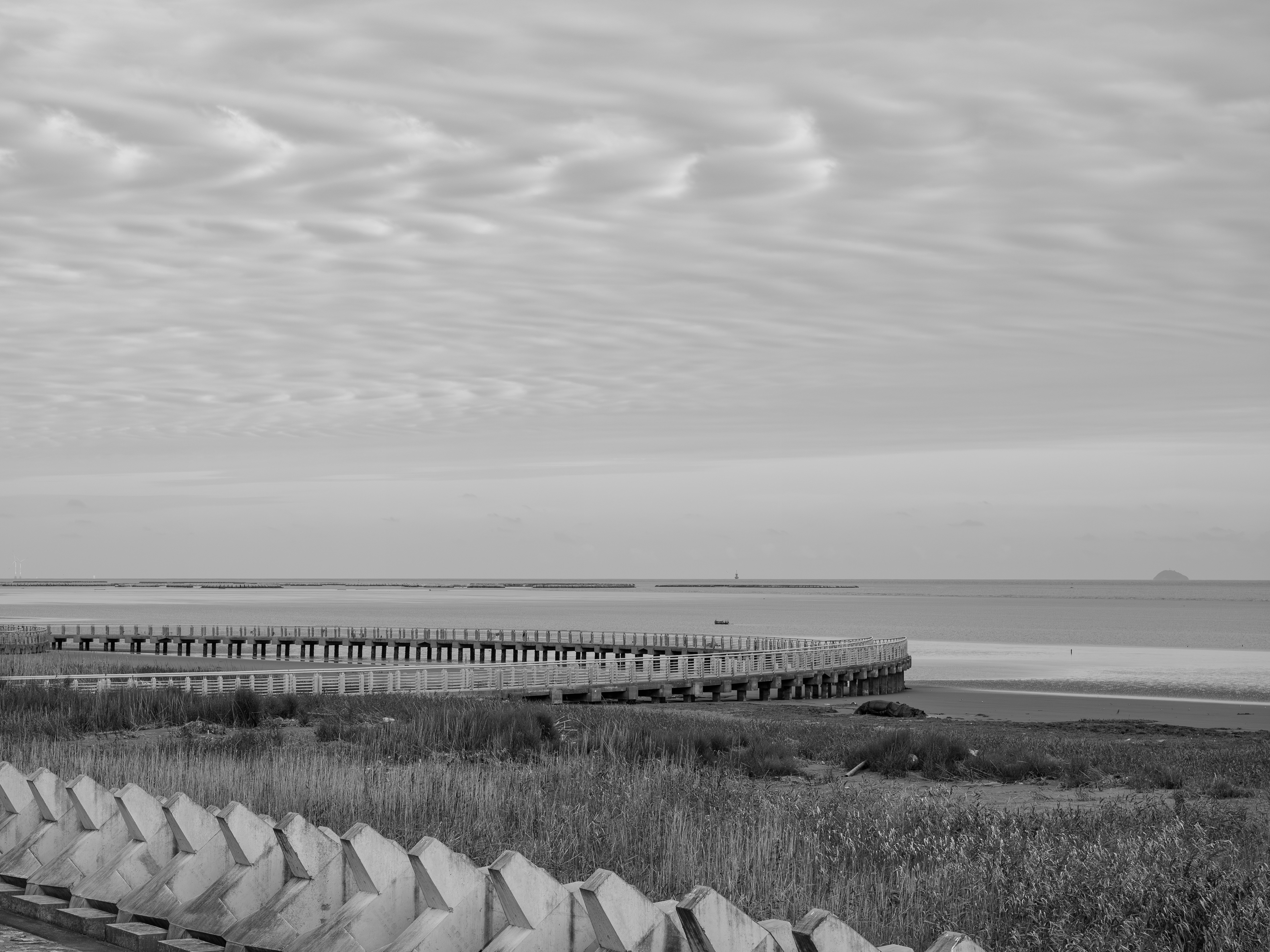 Snowy-gray coastal scene with a curved pier extending into calm waters and a grassy foreground.