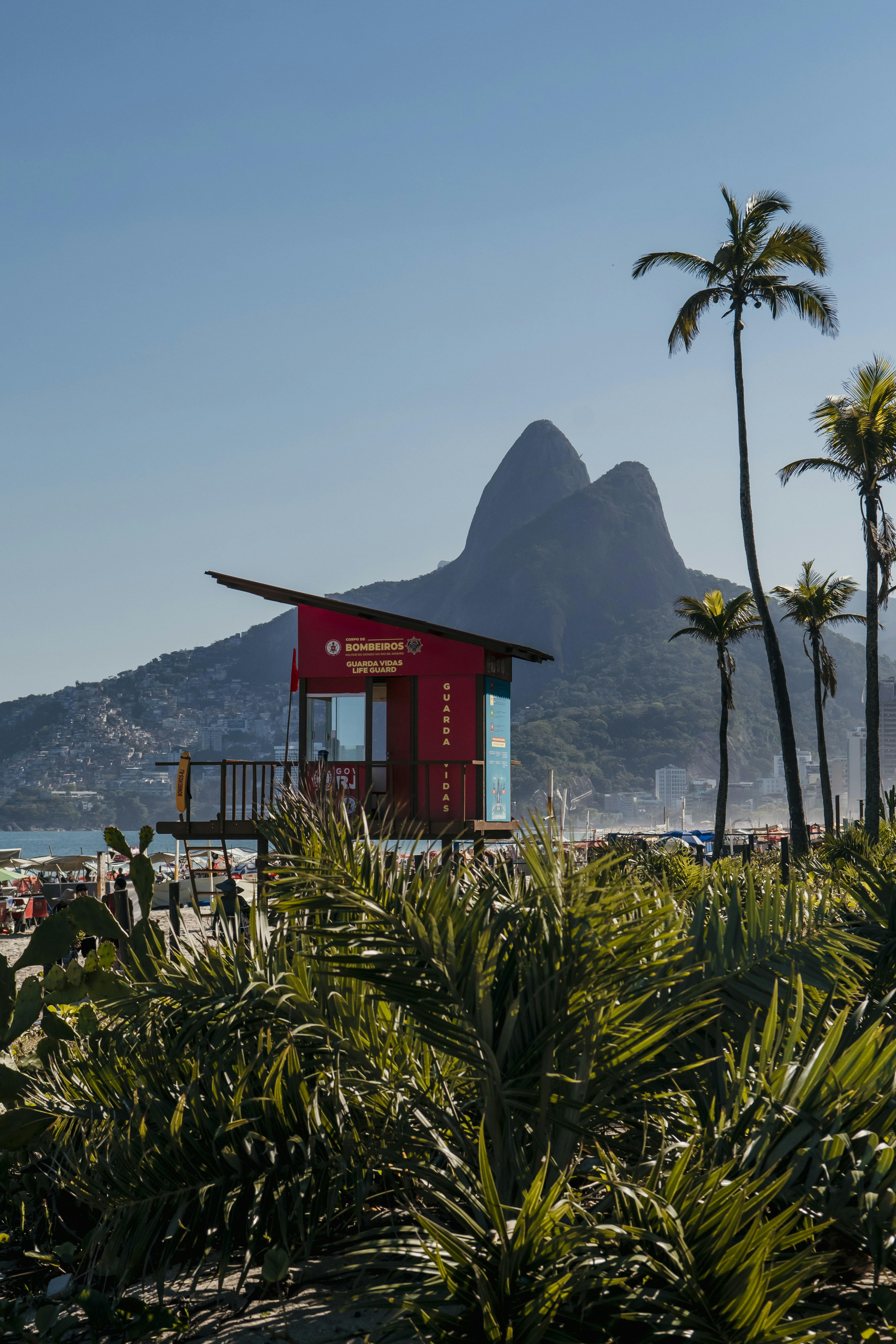Lively beach scene with a red lifeguard hut set against Sugarloaf Mountain, palm trees and dense coastal foliage in the foreground.