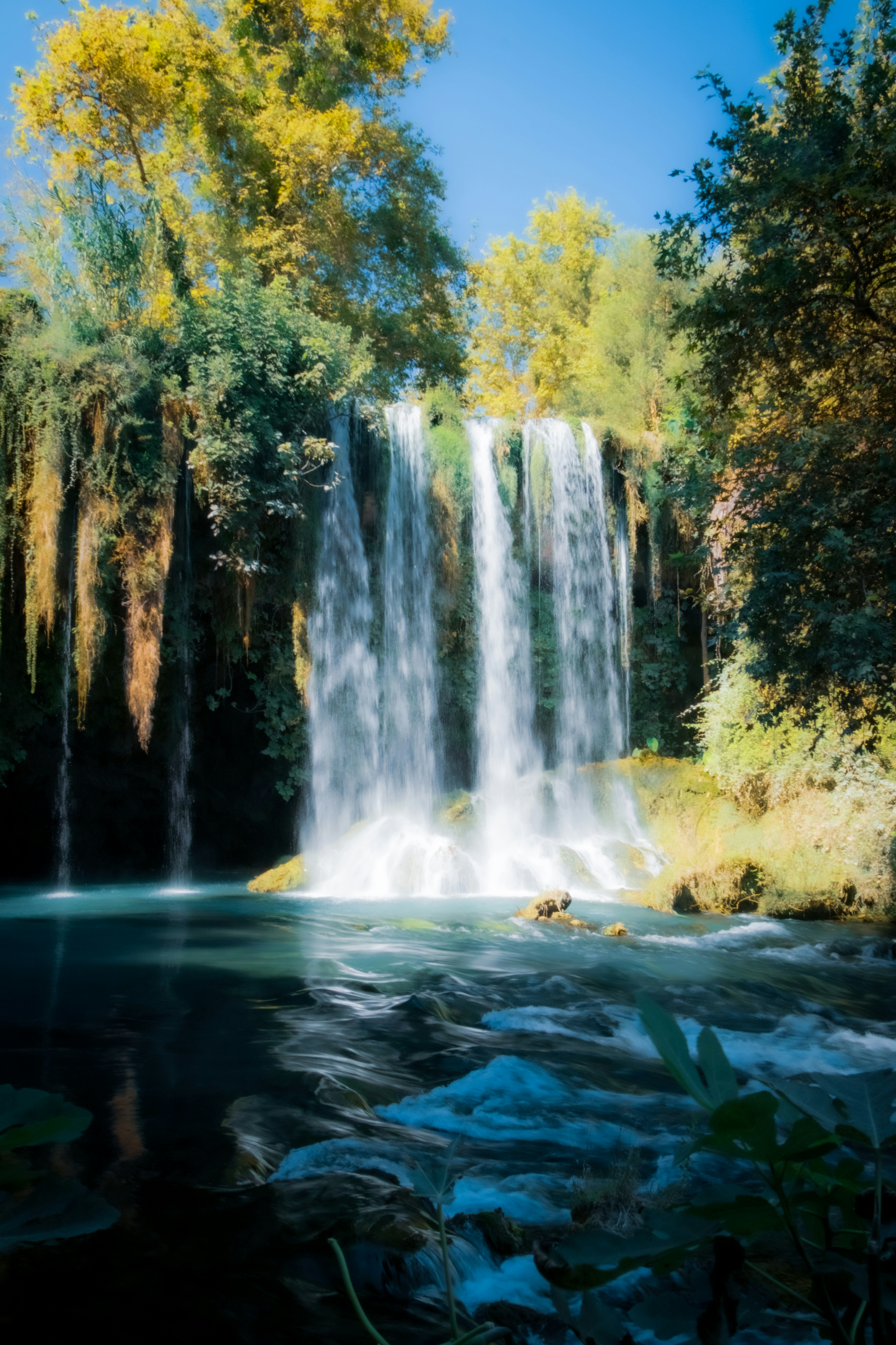 Whispering Falls: Sunlit Cascade Amid Autumn Canopy
