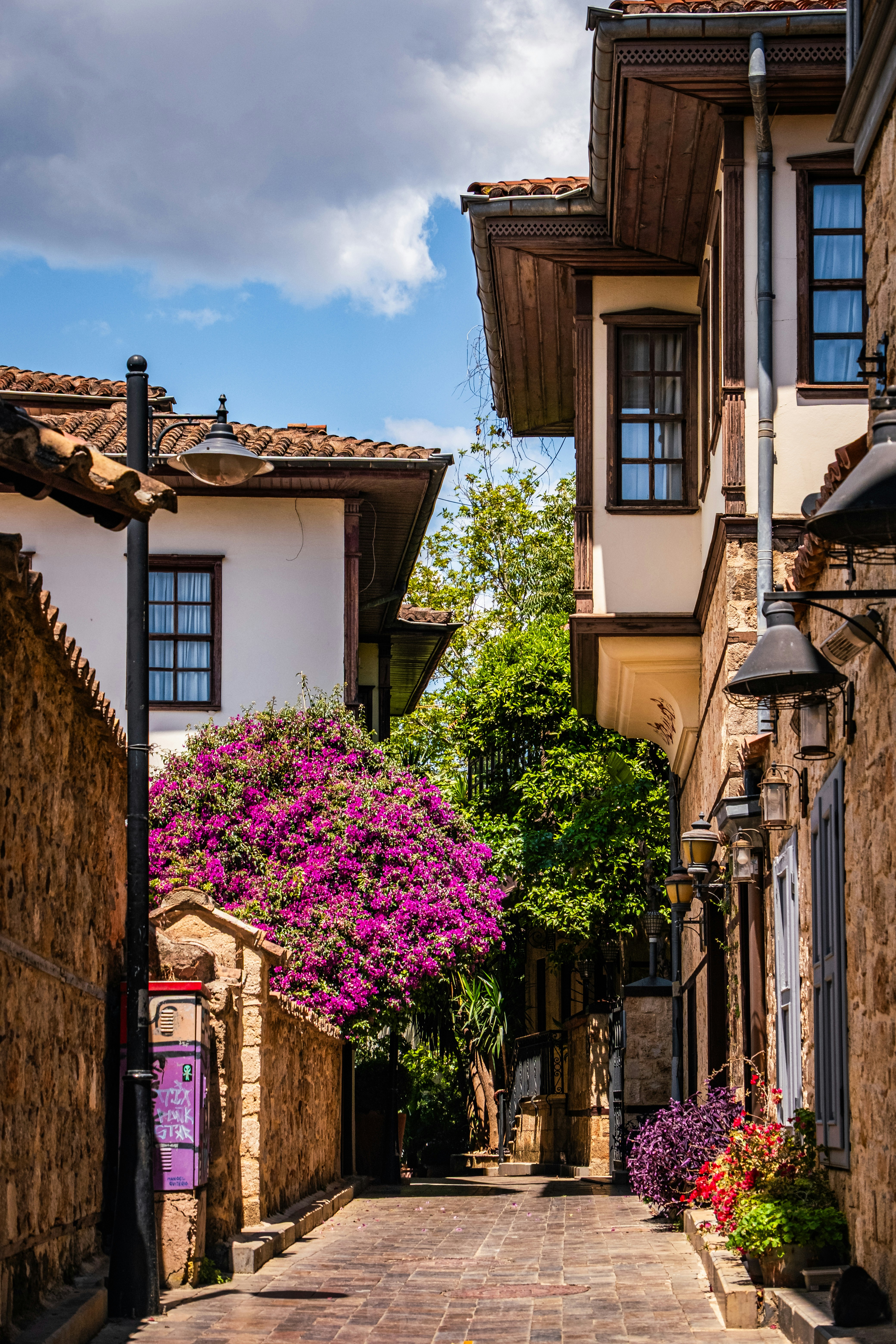 Sunlit Alley of Bougainvillea and Aged Stone