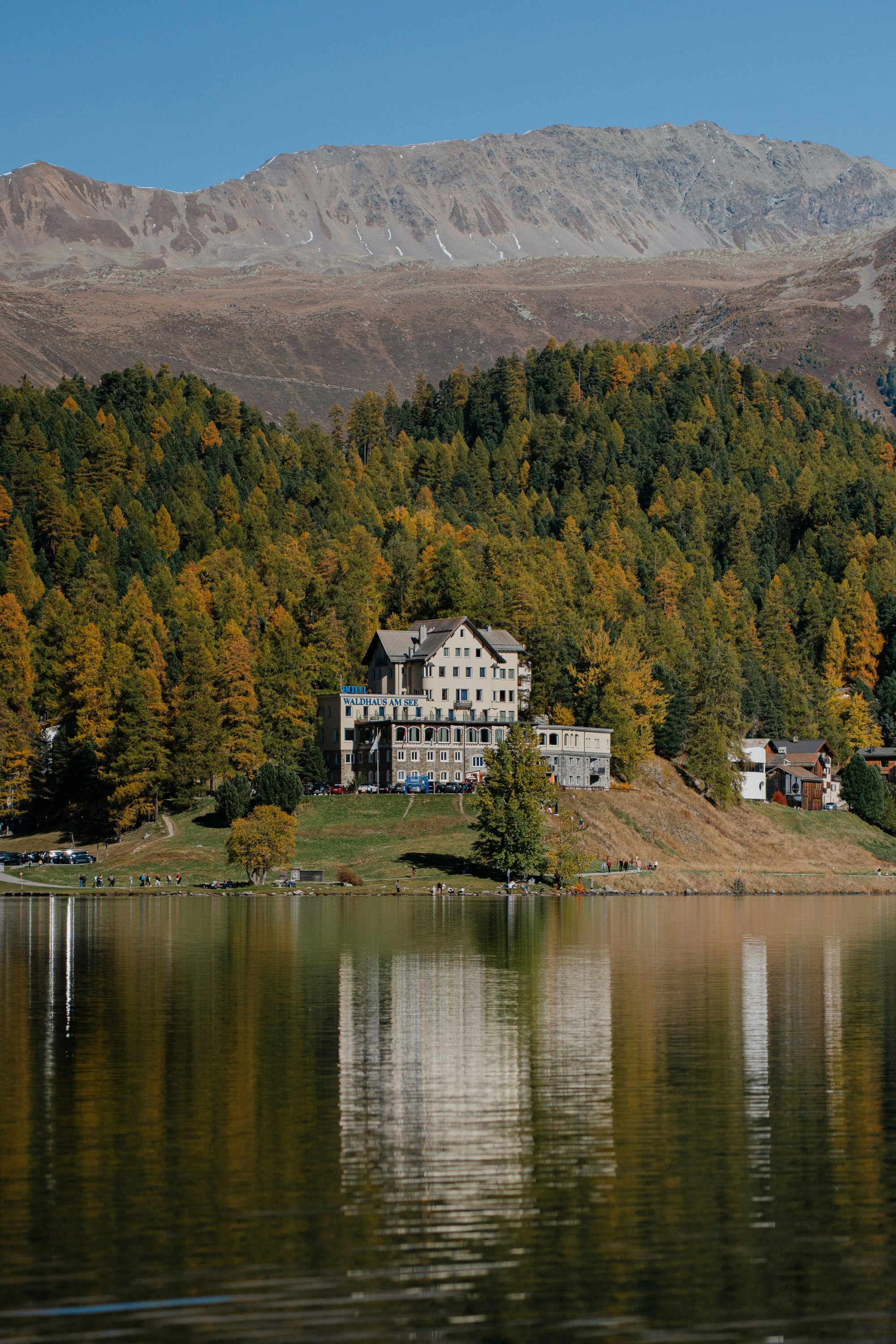 Harbor of autumn at the lake: a hilltop inn framed by colorful pines