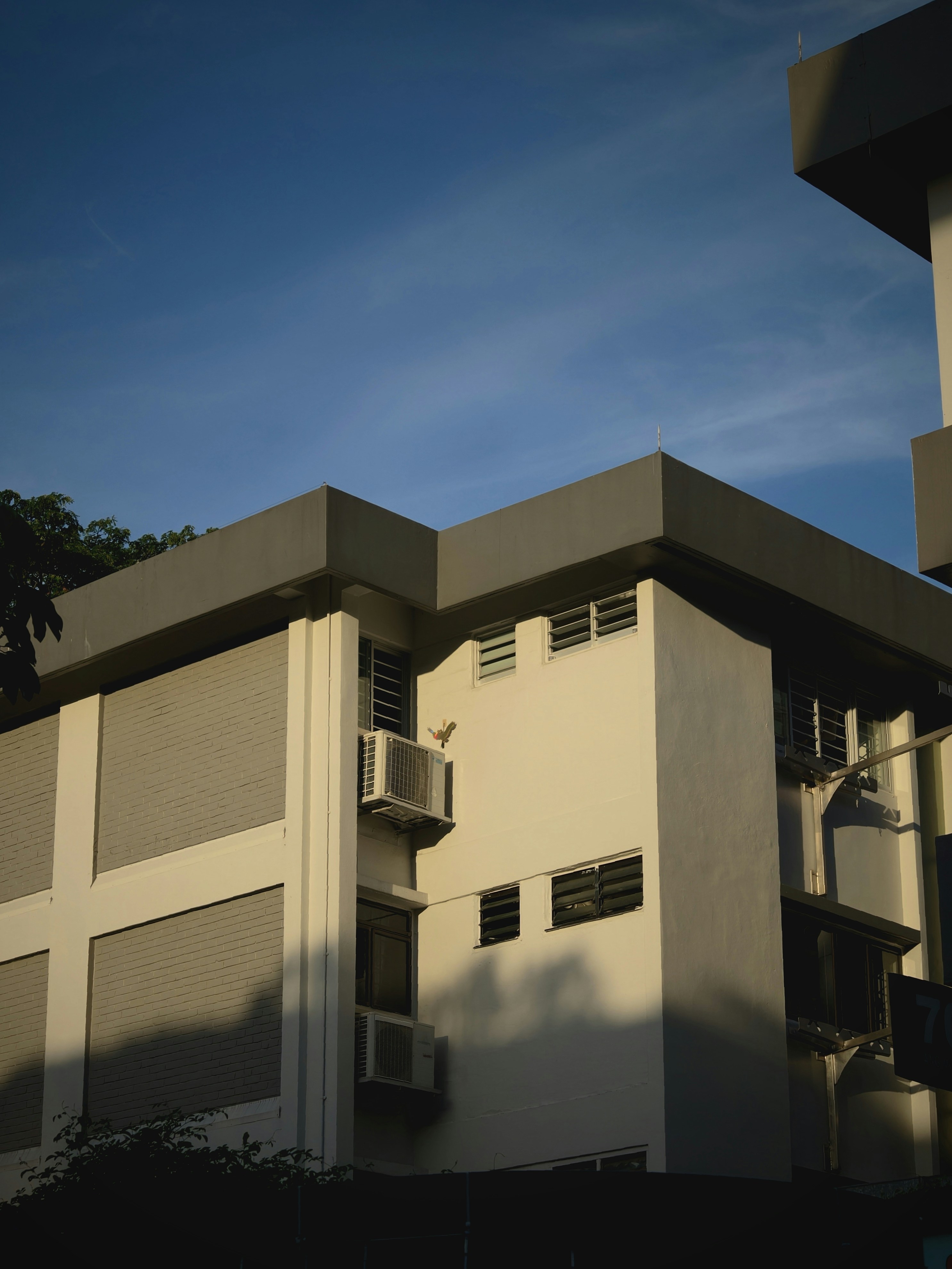 Sunlit Geometry: The Corner Facade under a Clear Sky