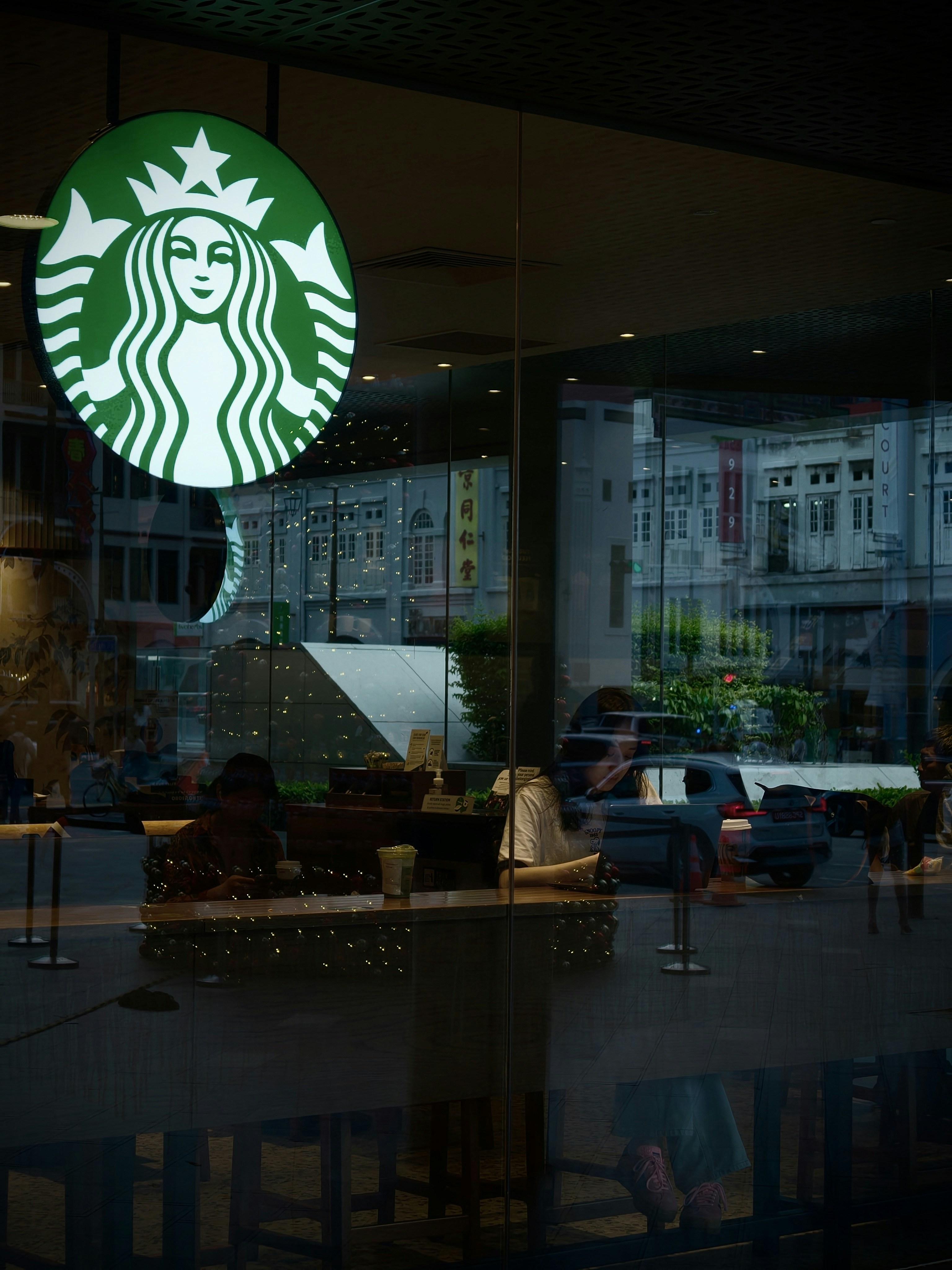  Starbucks glow: glassy city reflections through a cafe window 