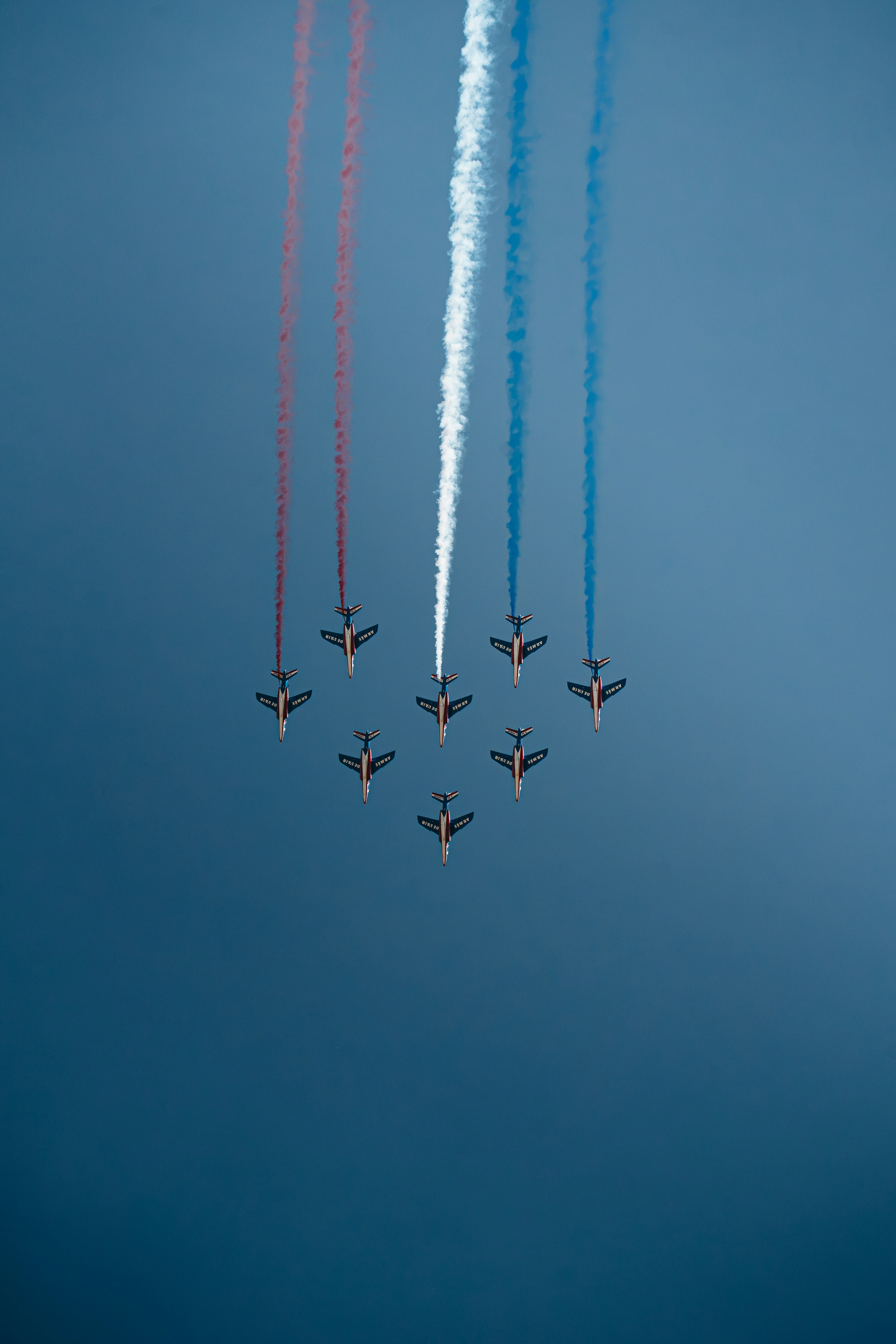 Tri-Color Trail: Nine Aircraft in Formation Against a Cerulean Sky