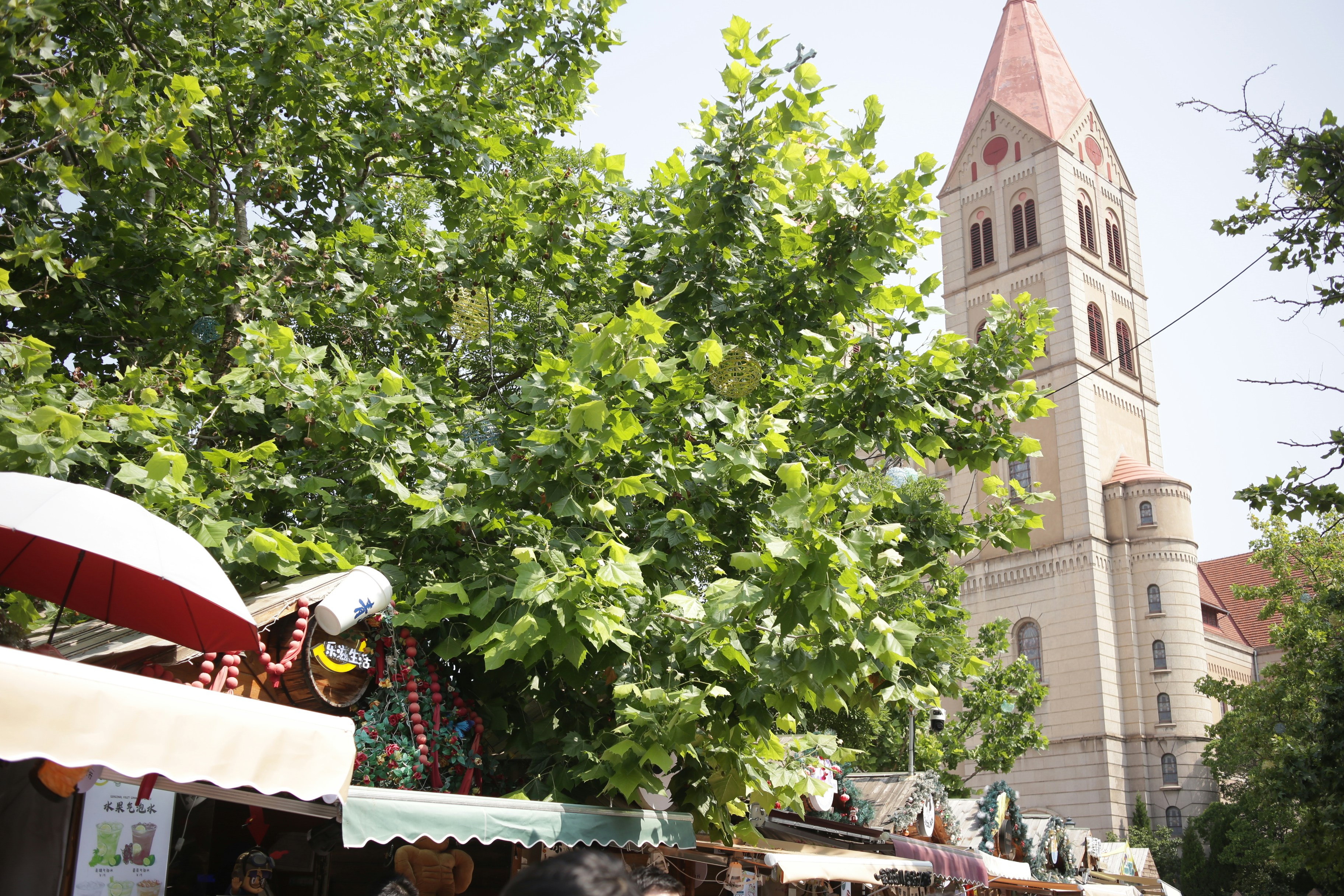 Sunlit Market beneath a Cathedral Spire
