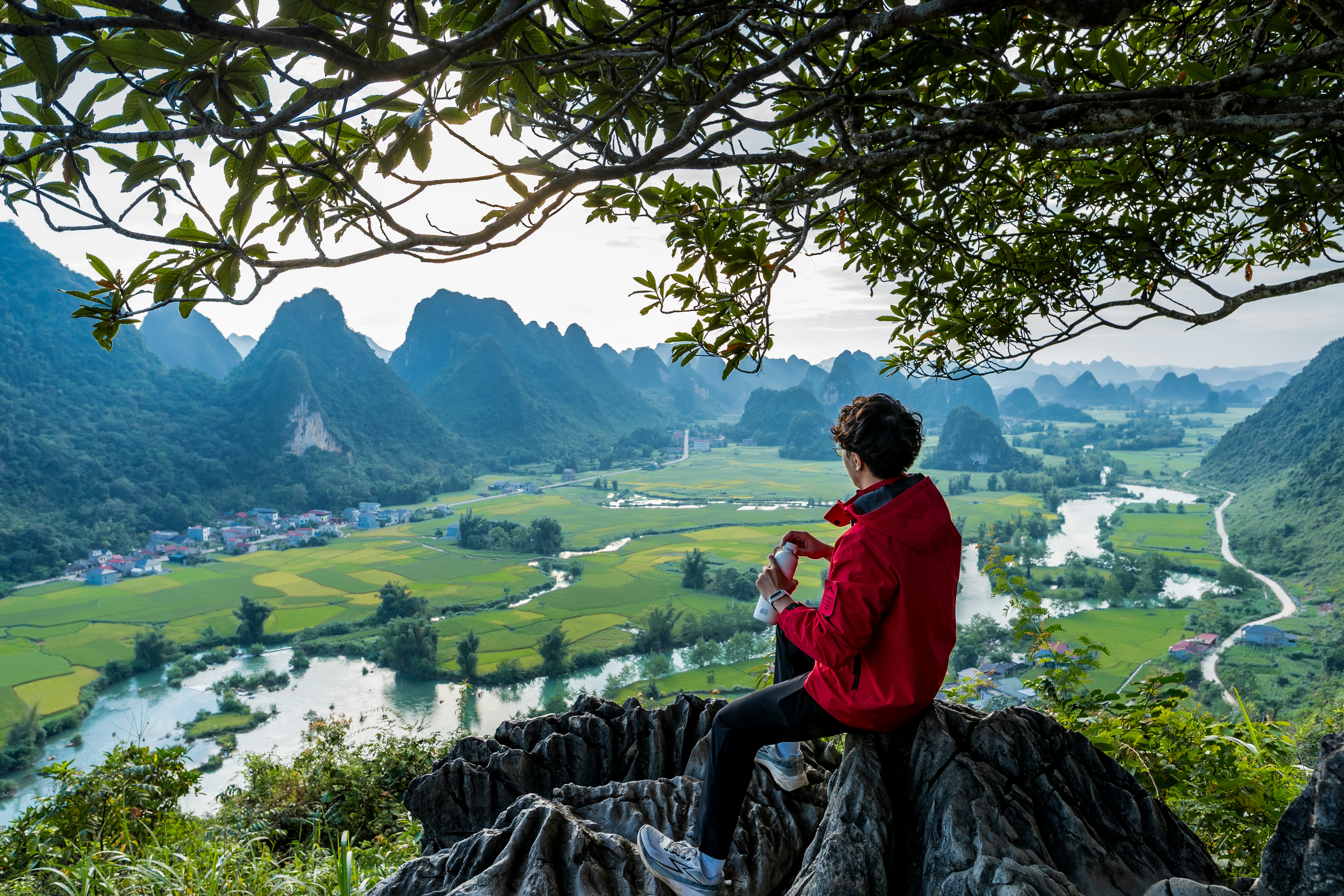 Overlook of Green Valleys: Traveler on the Cliff
