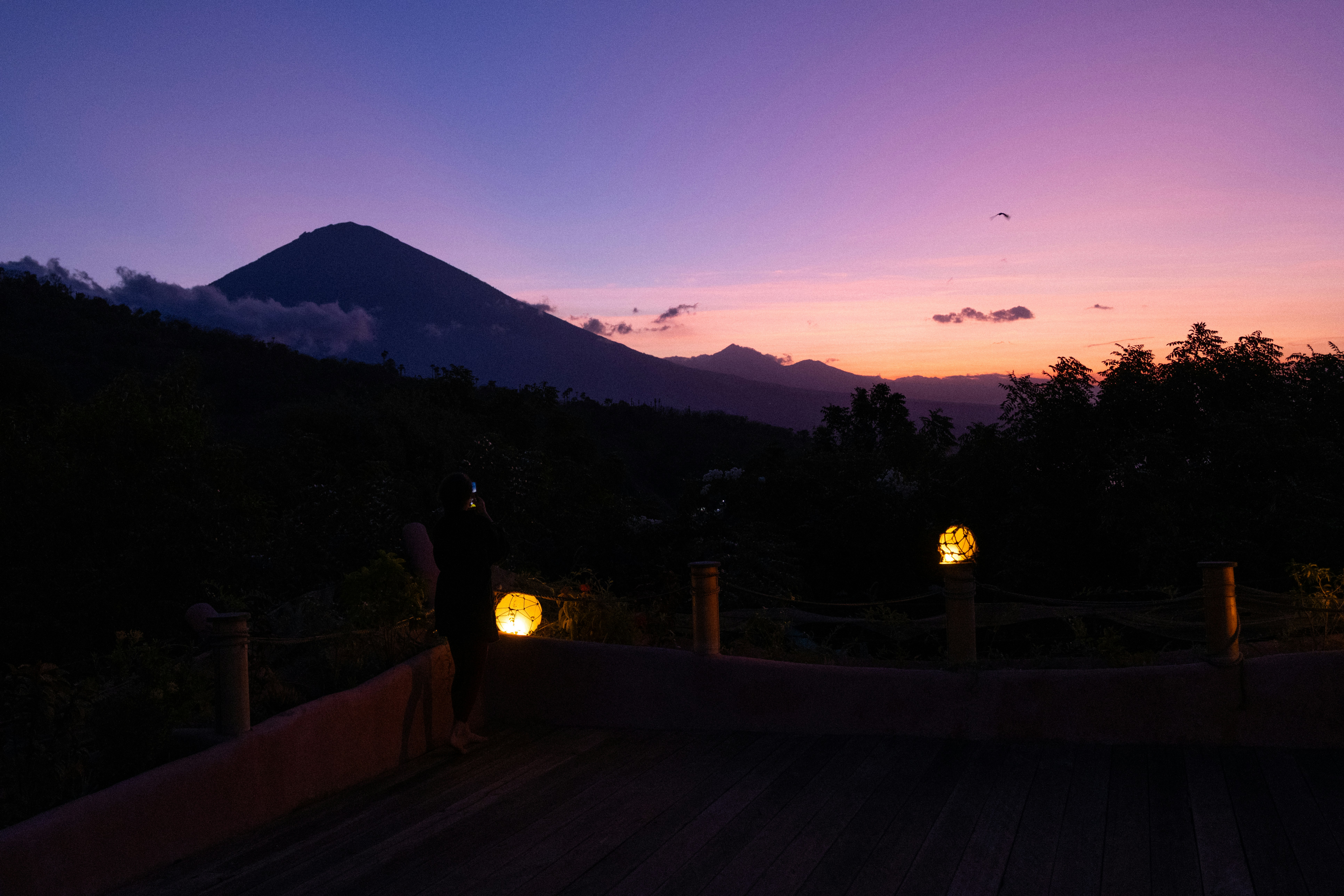 Dusk Terrace Overlook toward a Quiet Volcano