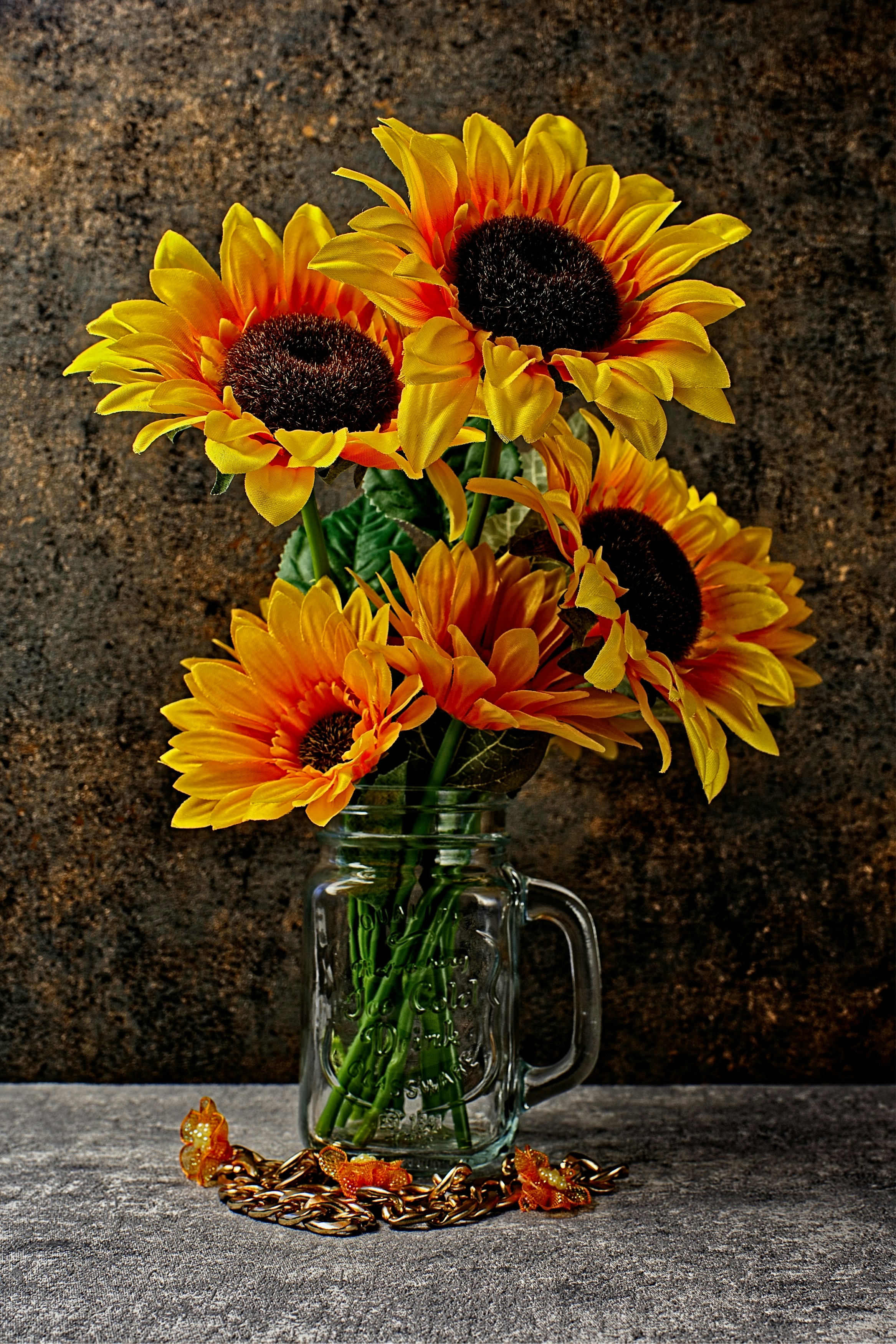 Sunlit Sunflowers in a Glass Mason Jar