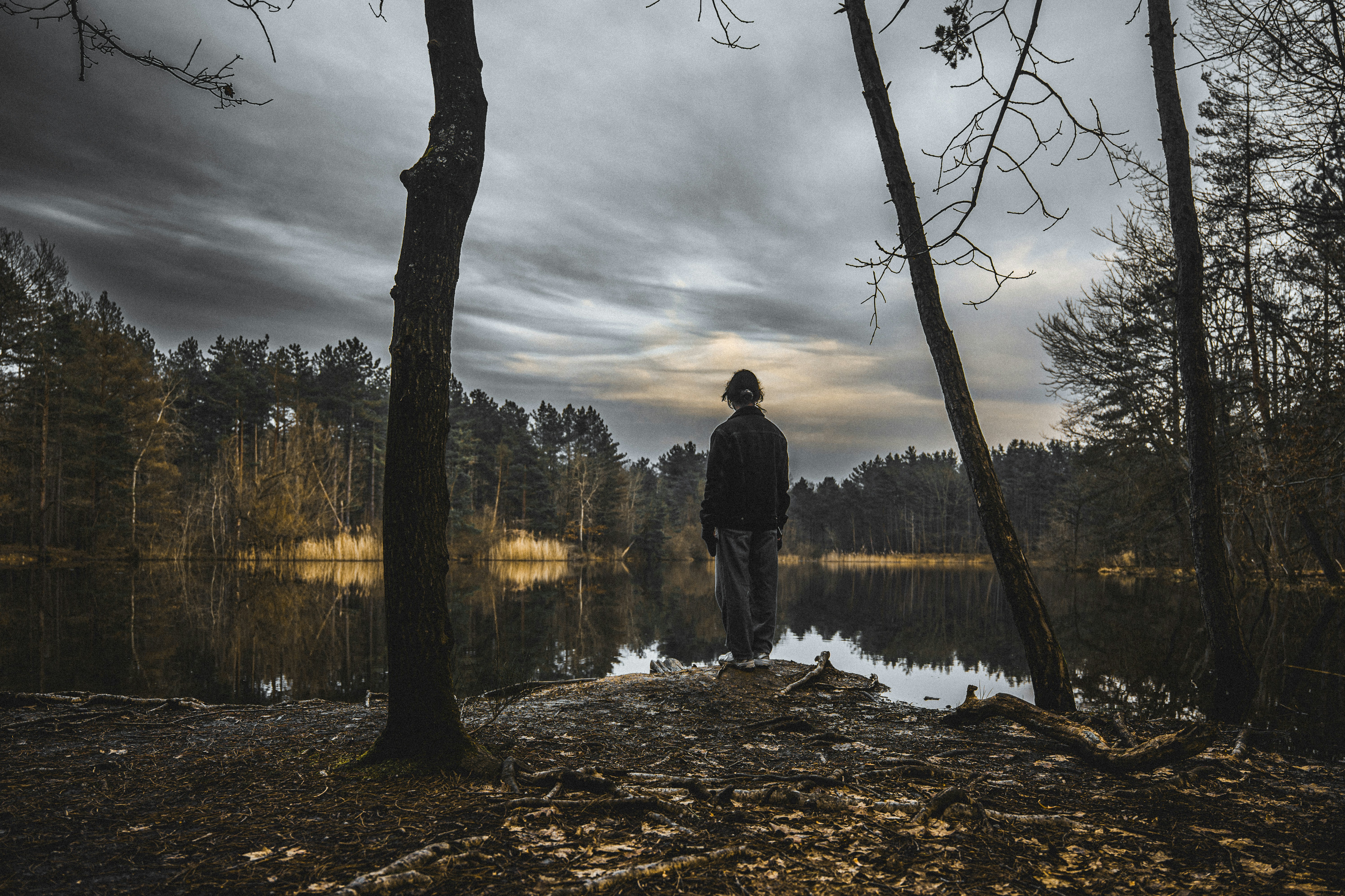 Silhouette by the Lake: Solo Traveler at Dusk