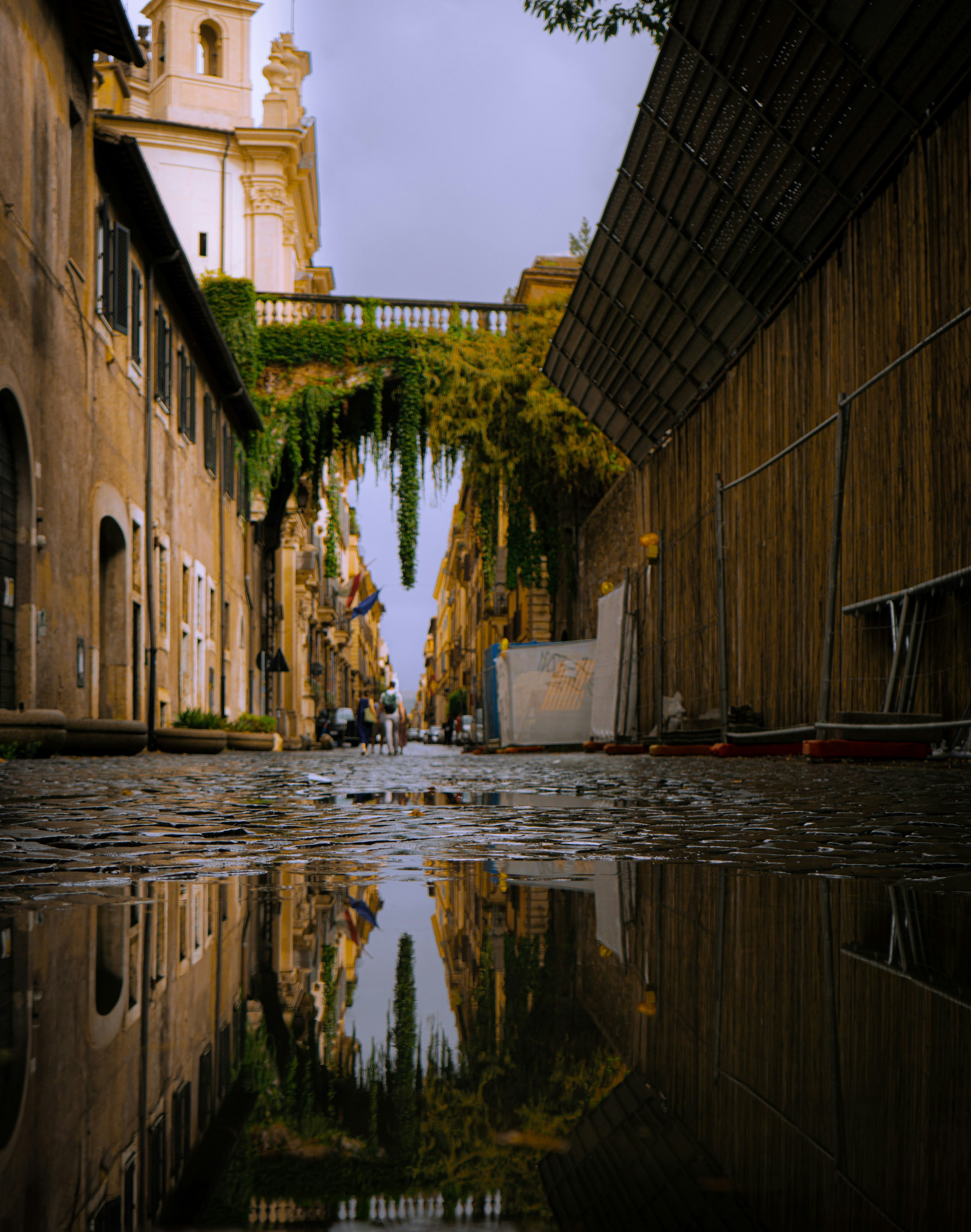 Reflected Alleyway: A Faint Bridge of Green Across Wet Stone