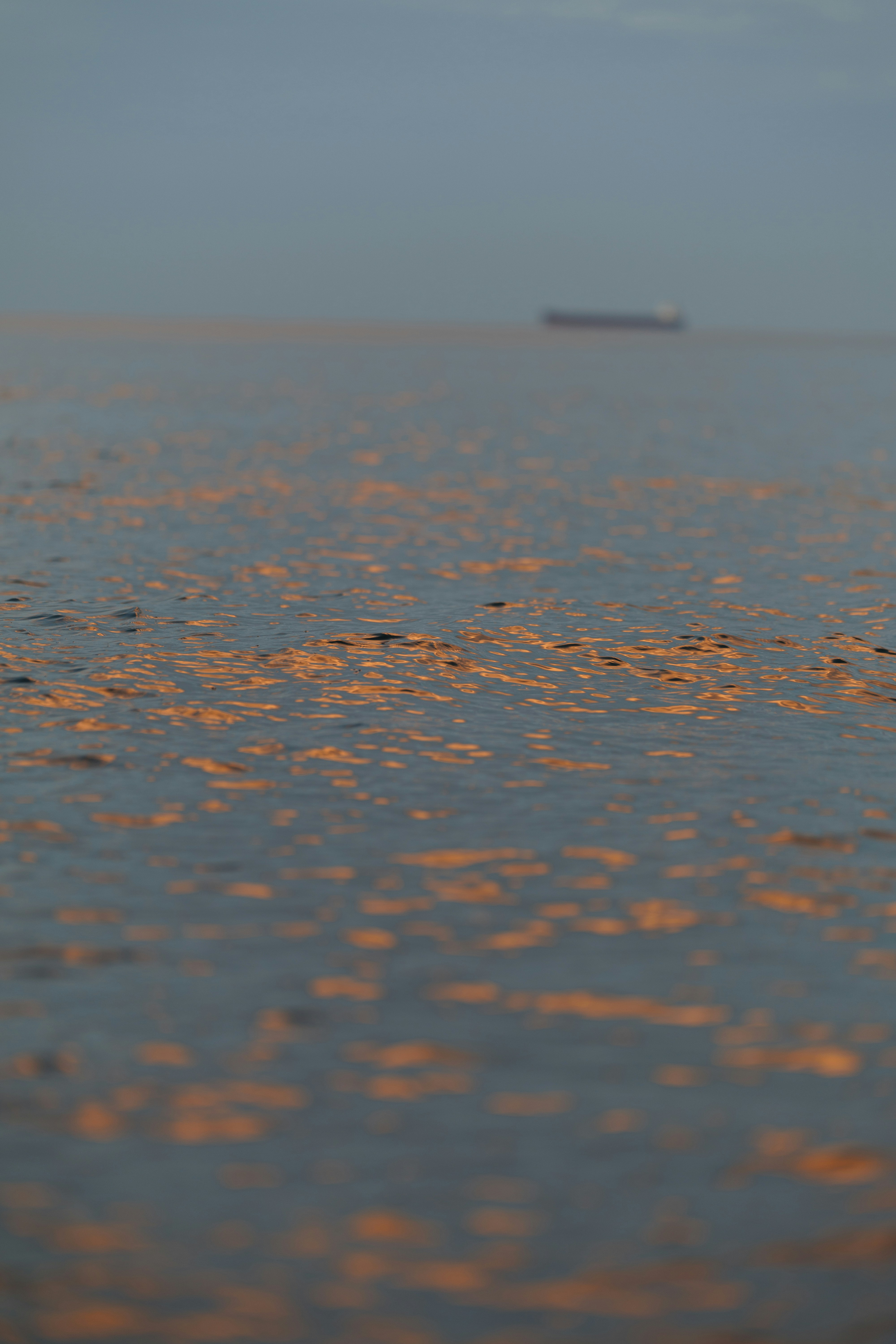 Horizon Vessel: A distant cargo ship on a copper-tinted sea