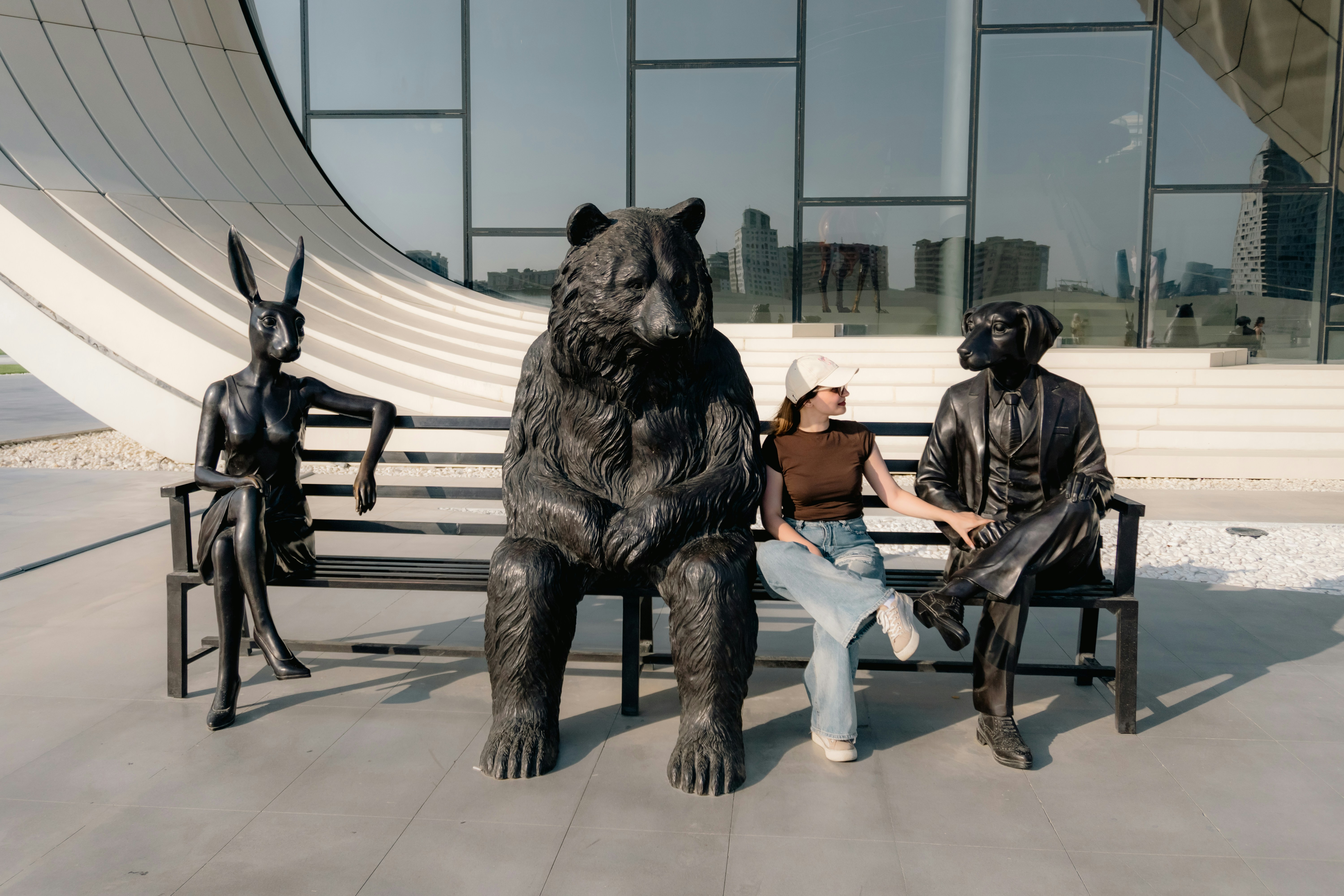 Statues on a City Bench: Bears and Friends at the Modern Terrace
