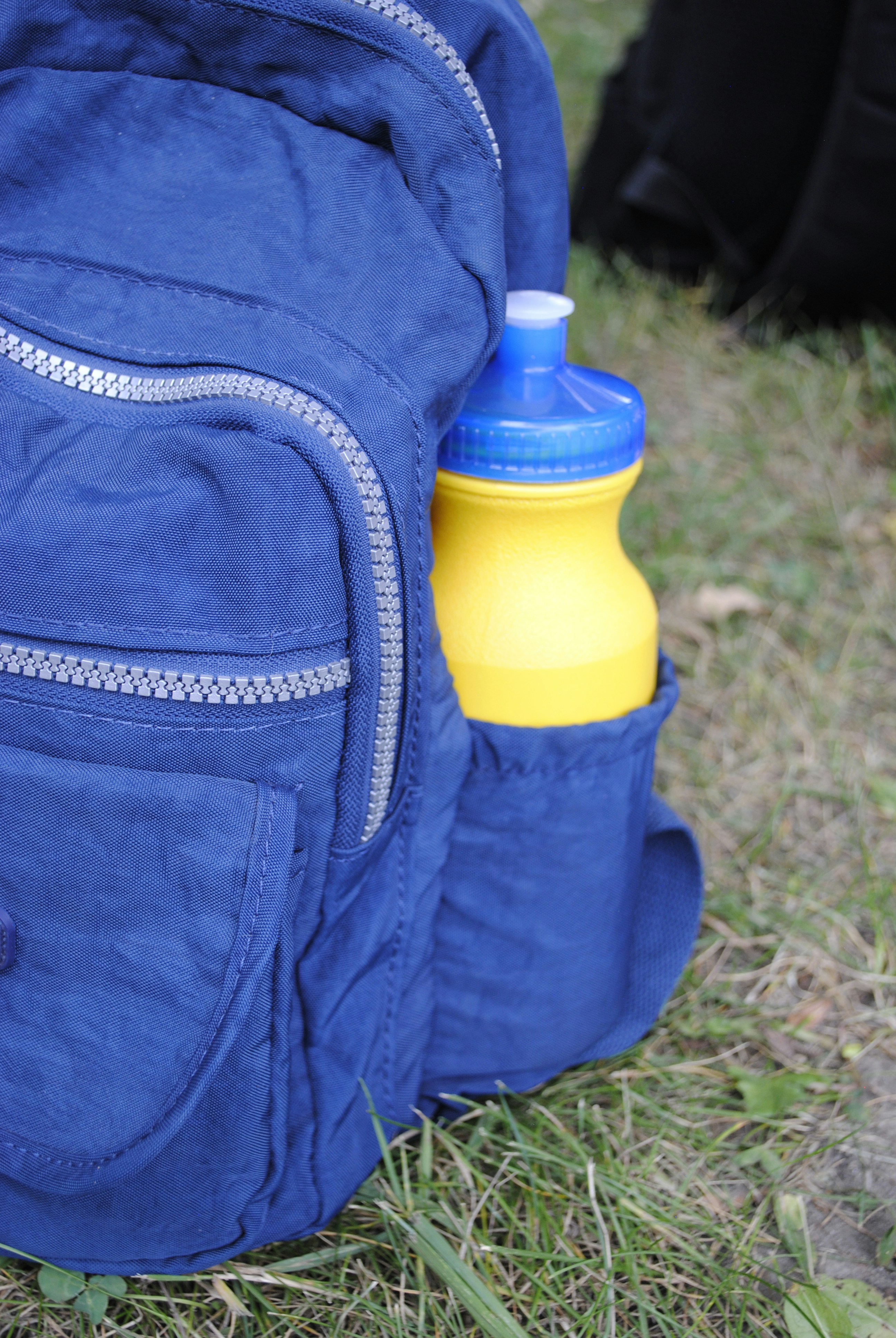 Blue Backpack with Yellow Bottle in a Grassy Field