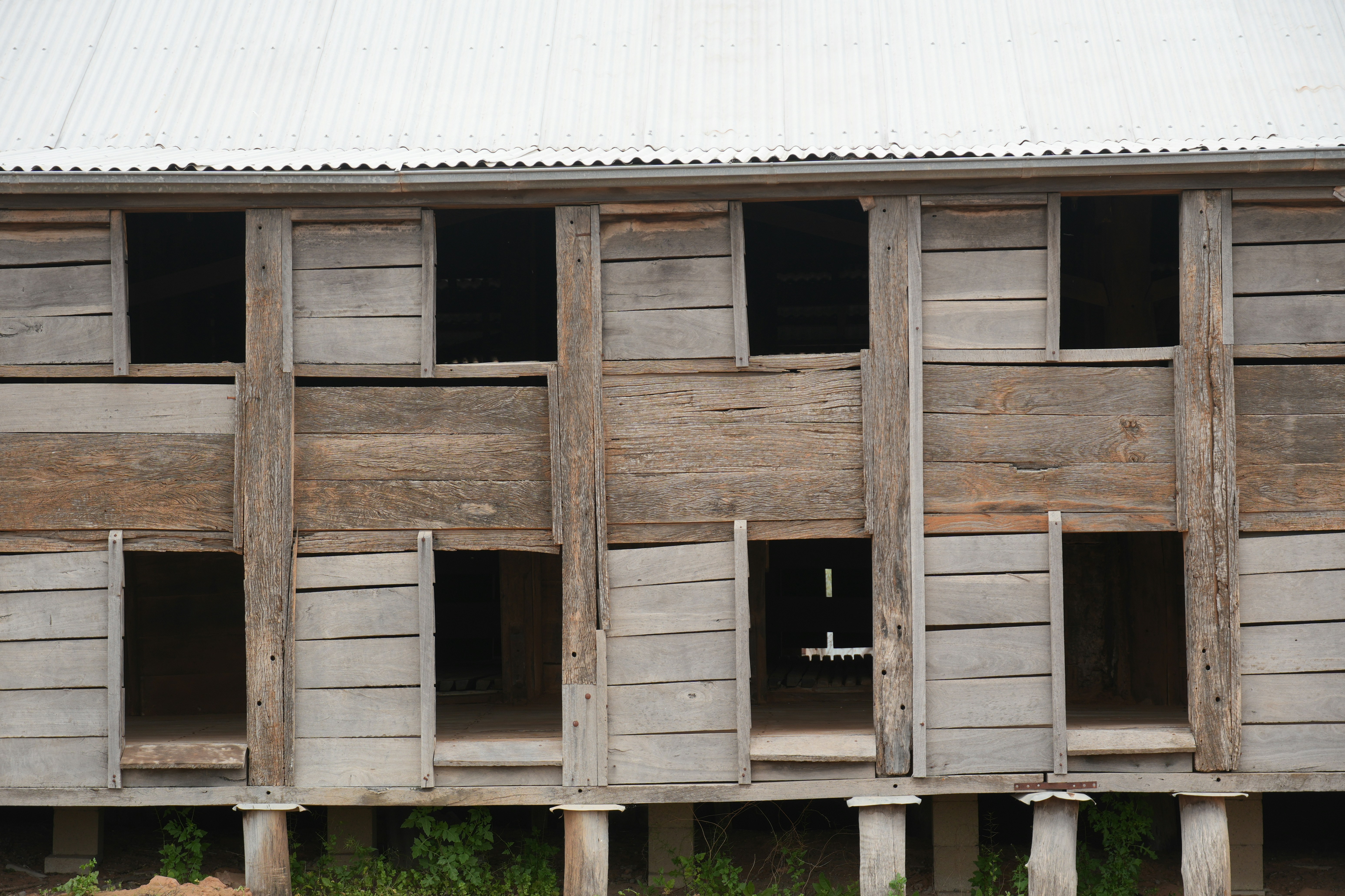 Weathered Barn Elevation: Dilapidated Scalloped Shutters and Silenced Windows