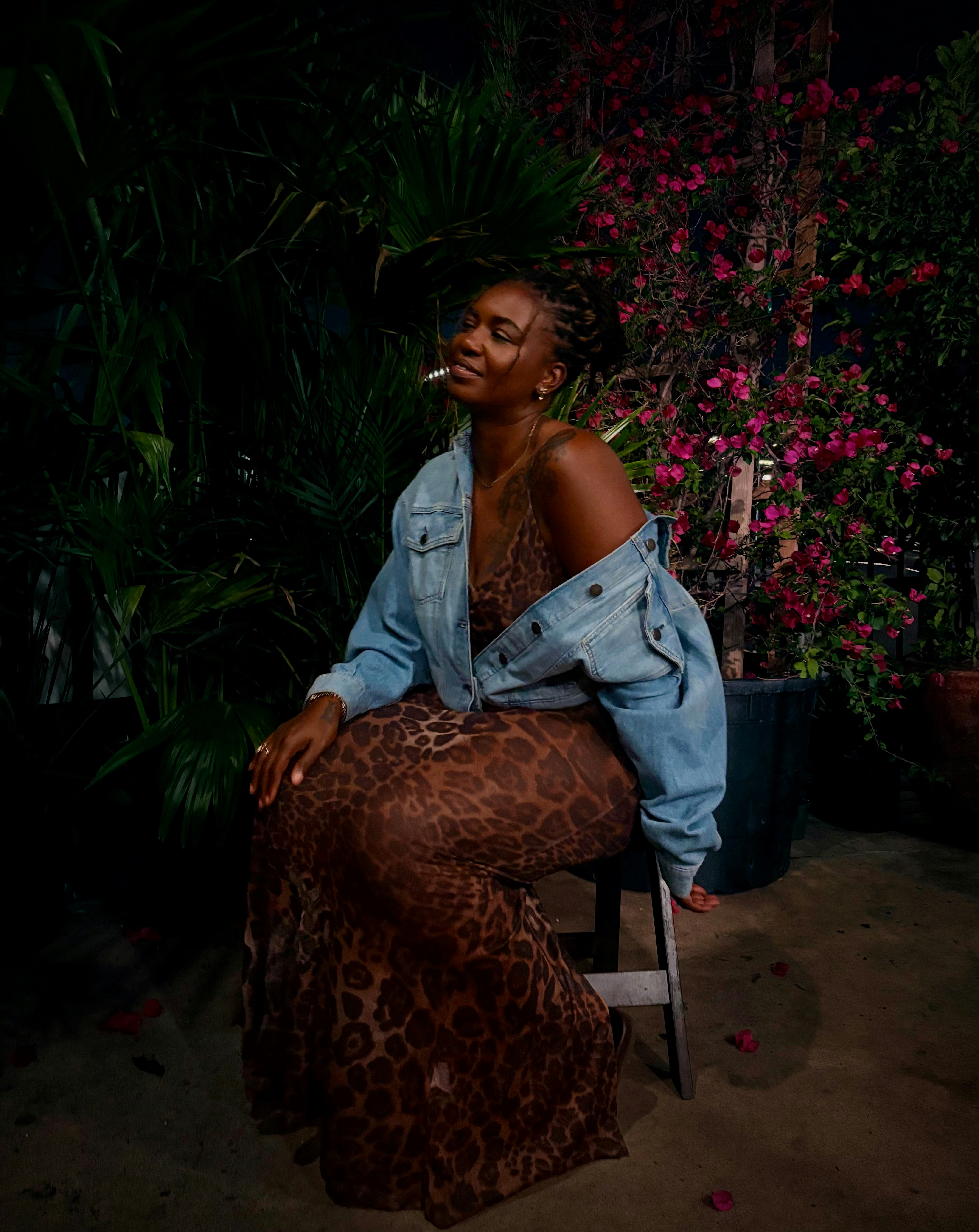Midnight Garden Portrait: Quiet Confidence in Denim Bloom