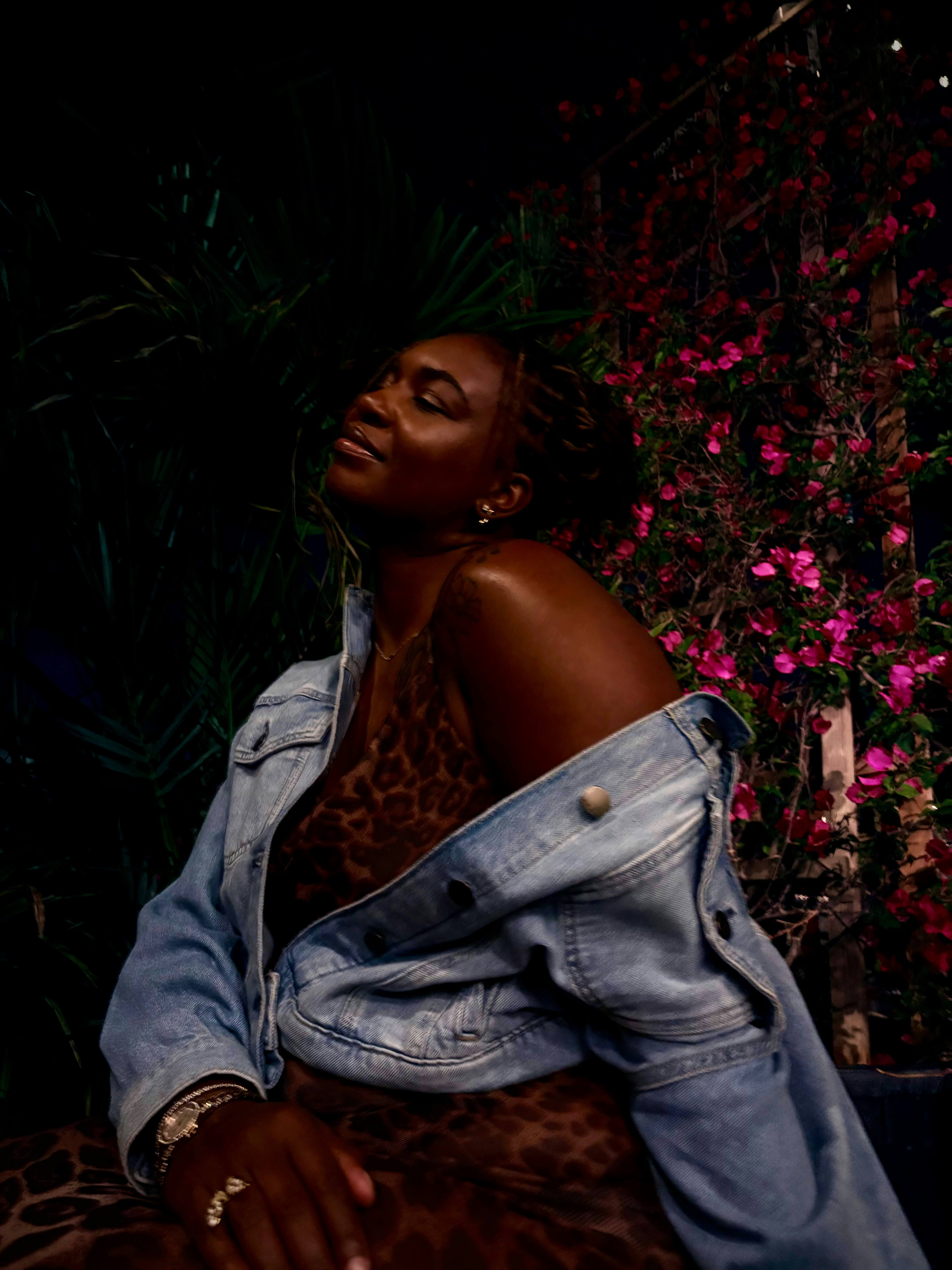 Midnight Garden: A Shadowed Portrait in Denim
