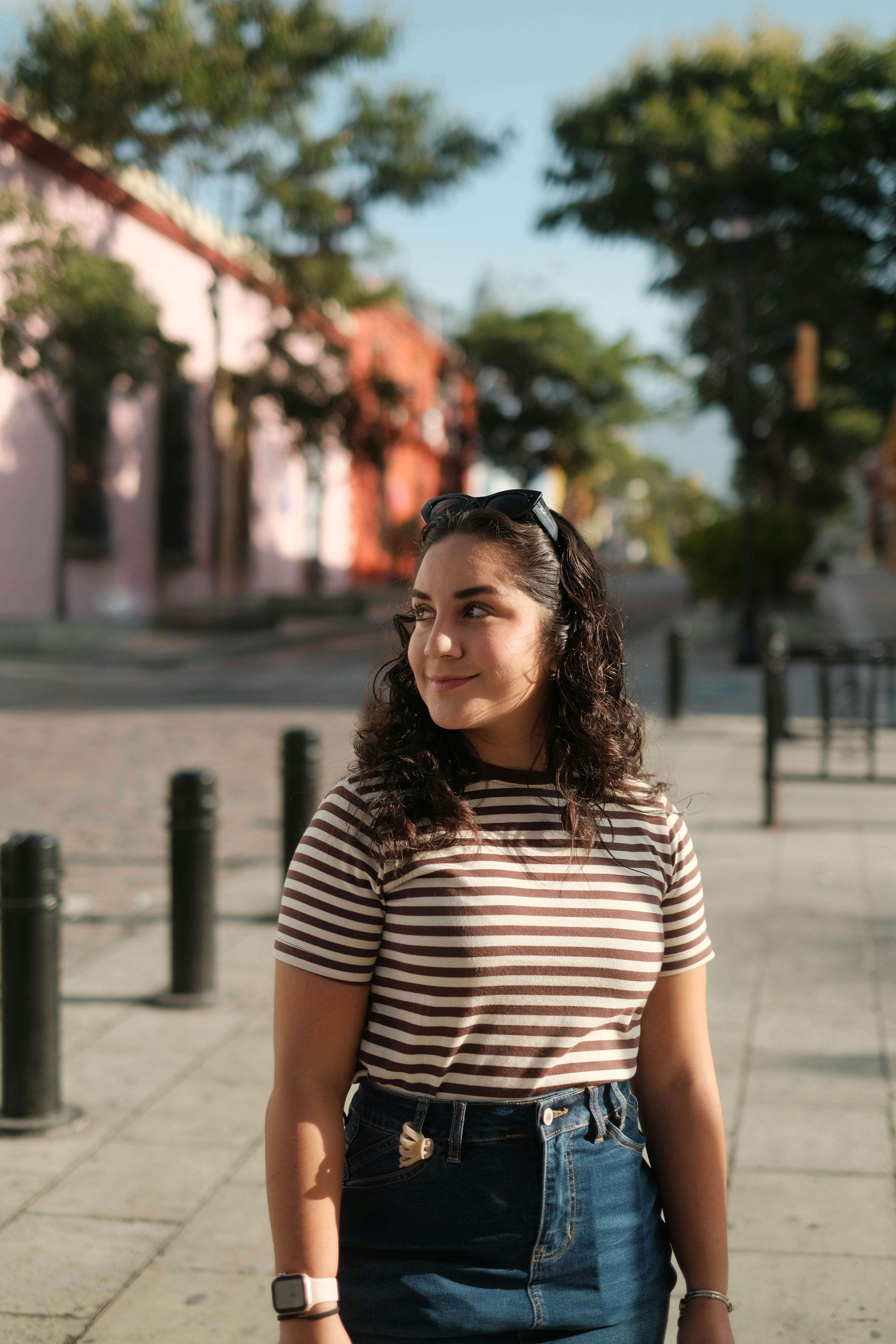 Sunlit Striped Portrait on a Quiet Street