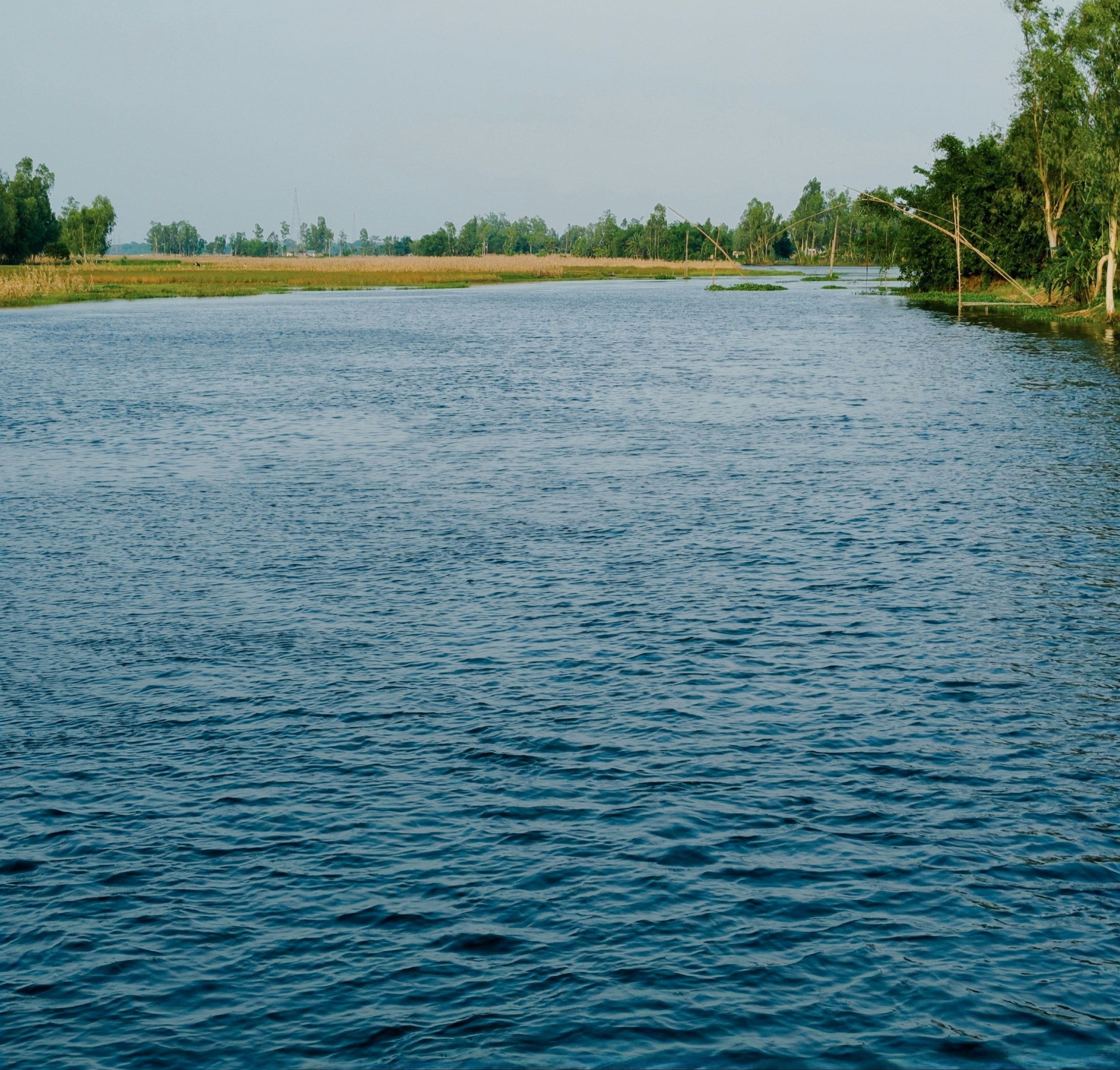 River Corridor Emptiness: A Quiet Blue Channel Framed by Distant trees
