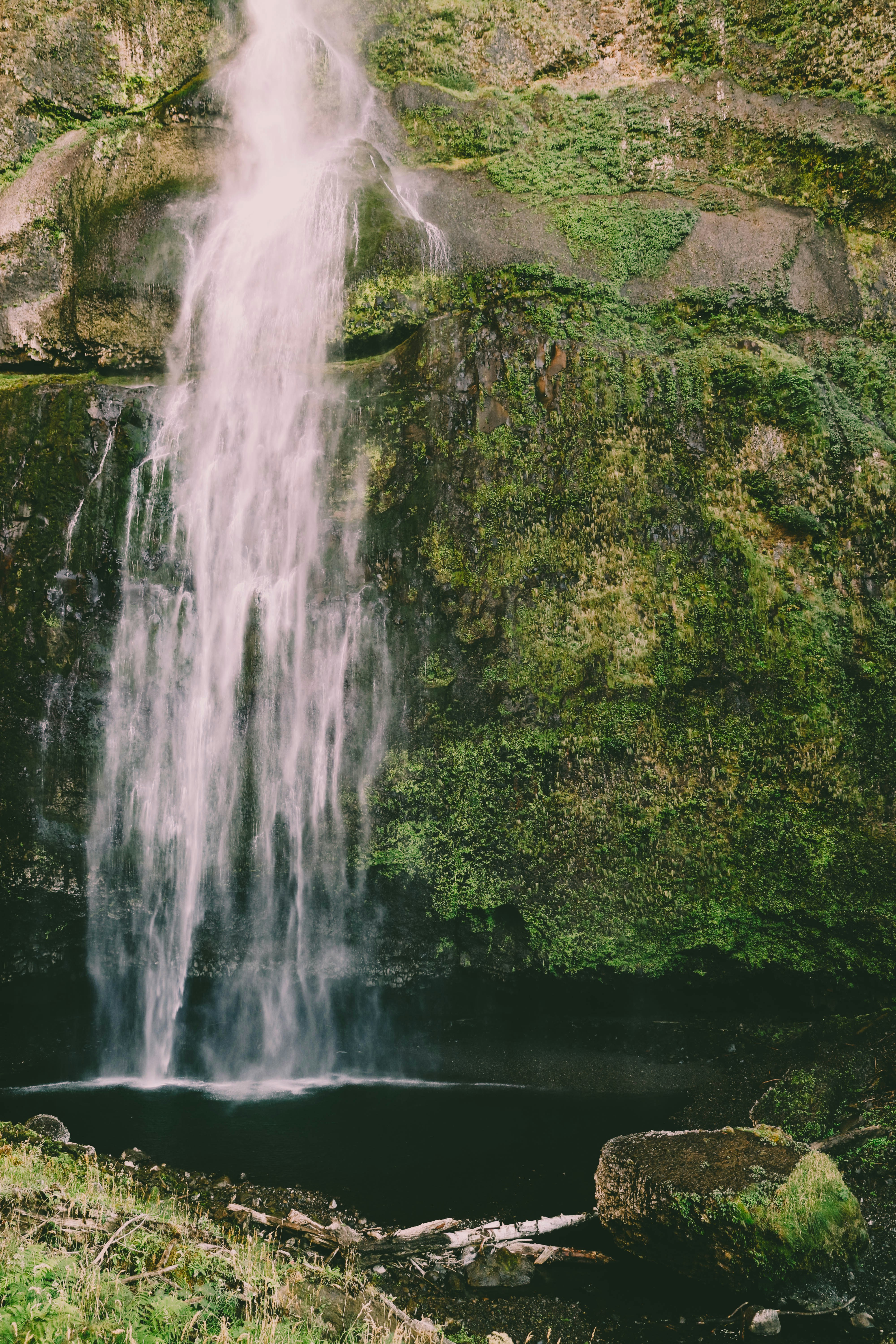 Cascading Veil: Moss-Chequered Cliff and Waterfall