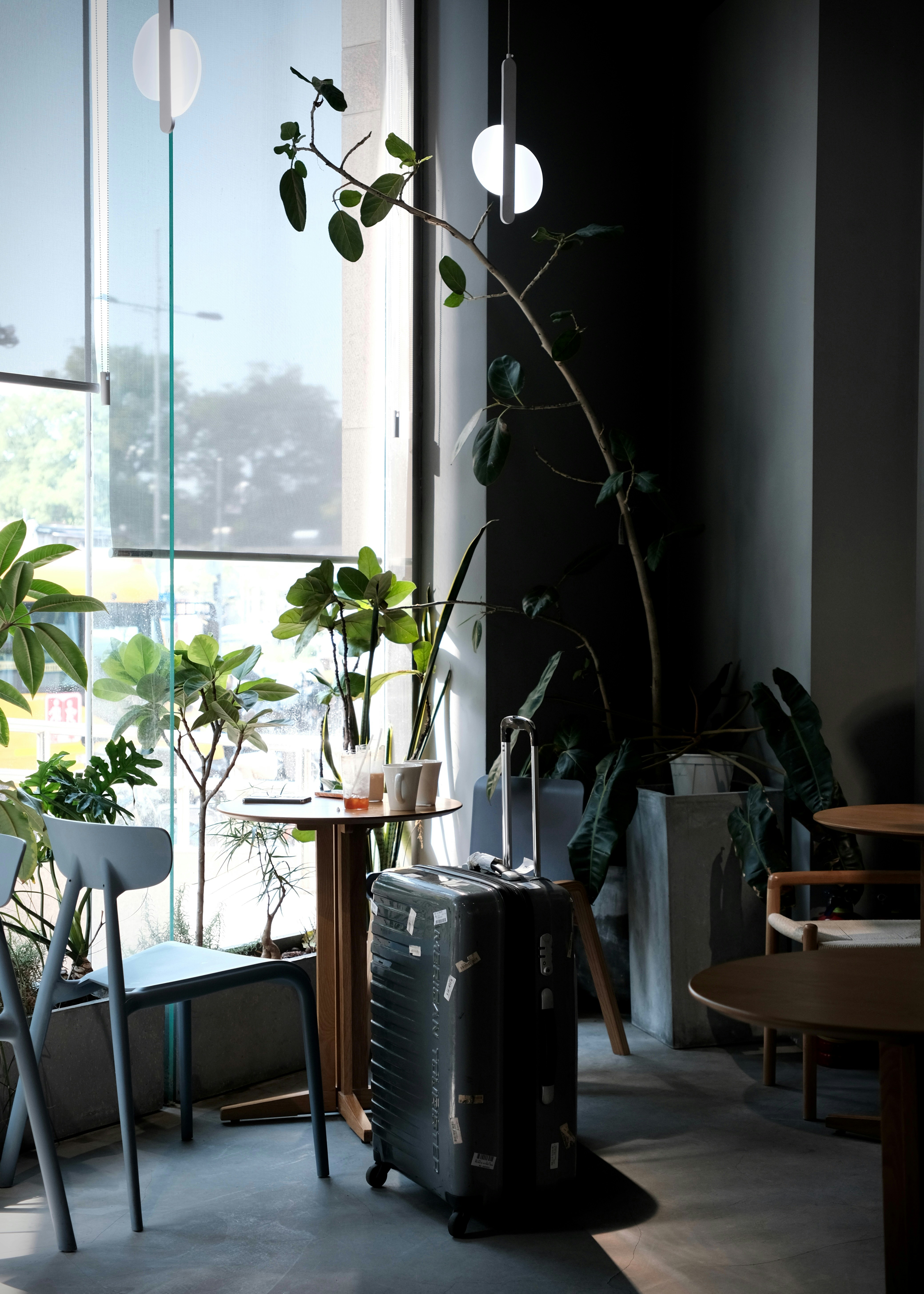 Morning Quiet: A Luggage-Ready Corner in a Sunlit Café Garden