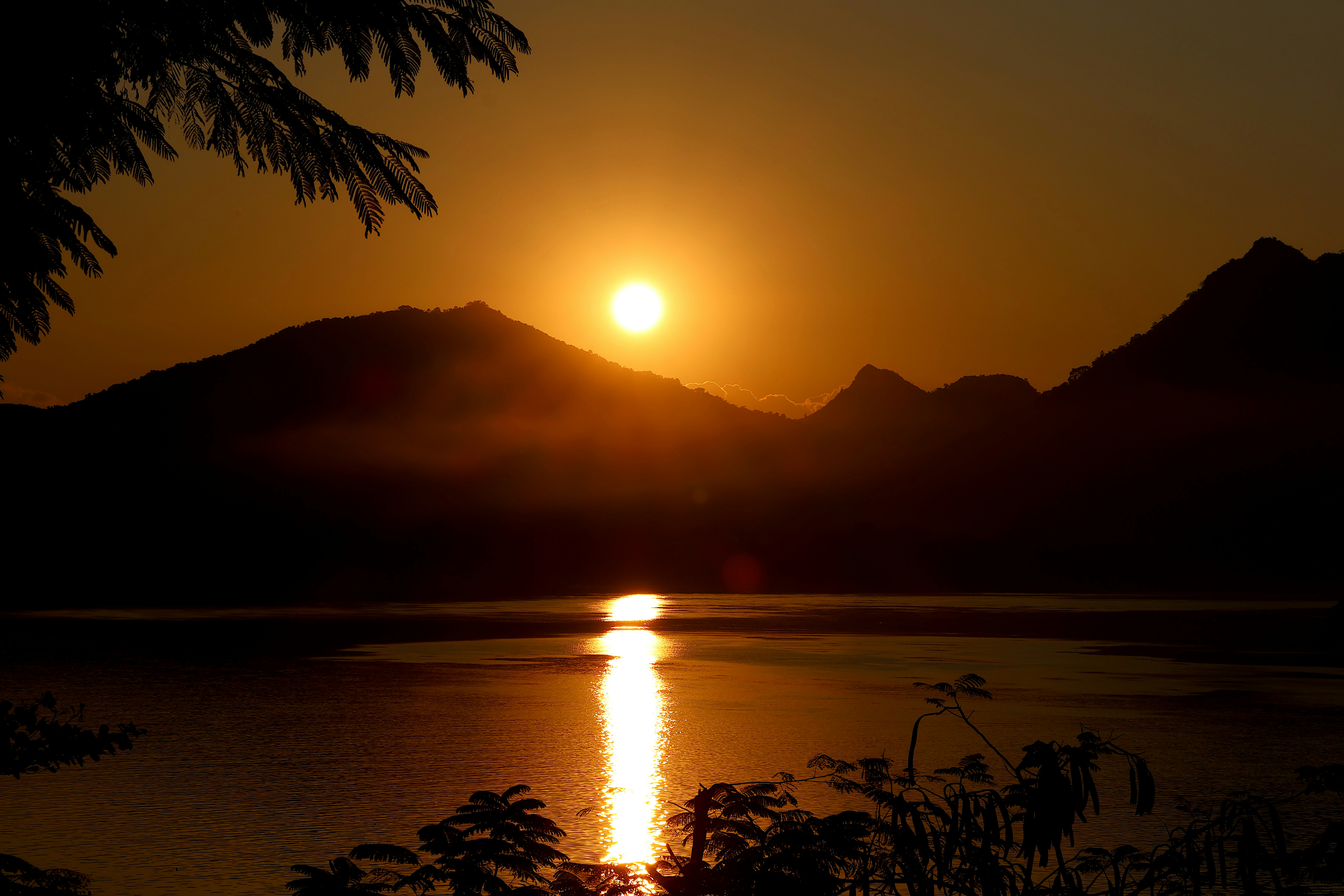 Warm sunset over a calm lake with dark mountain silhouettes and foreground foliage, emphasizing the sunlit water path. The scene appears natural, not a logo or illustration.