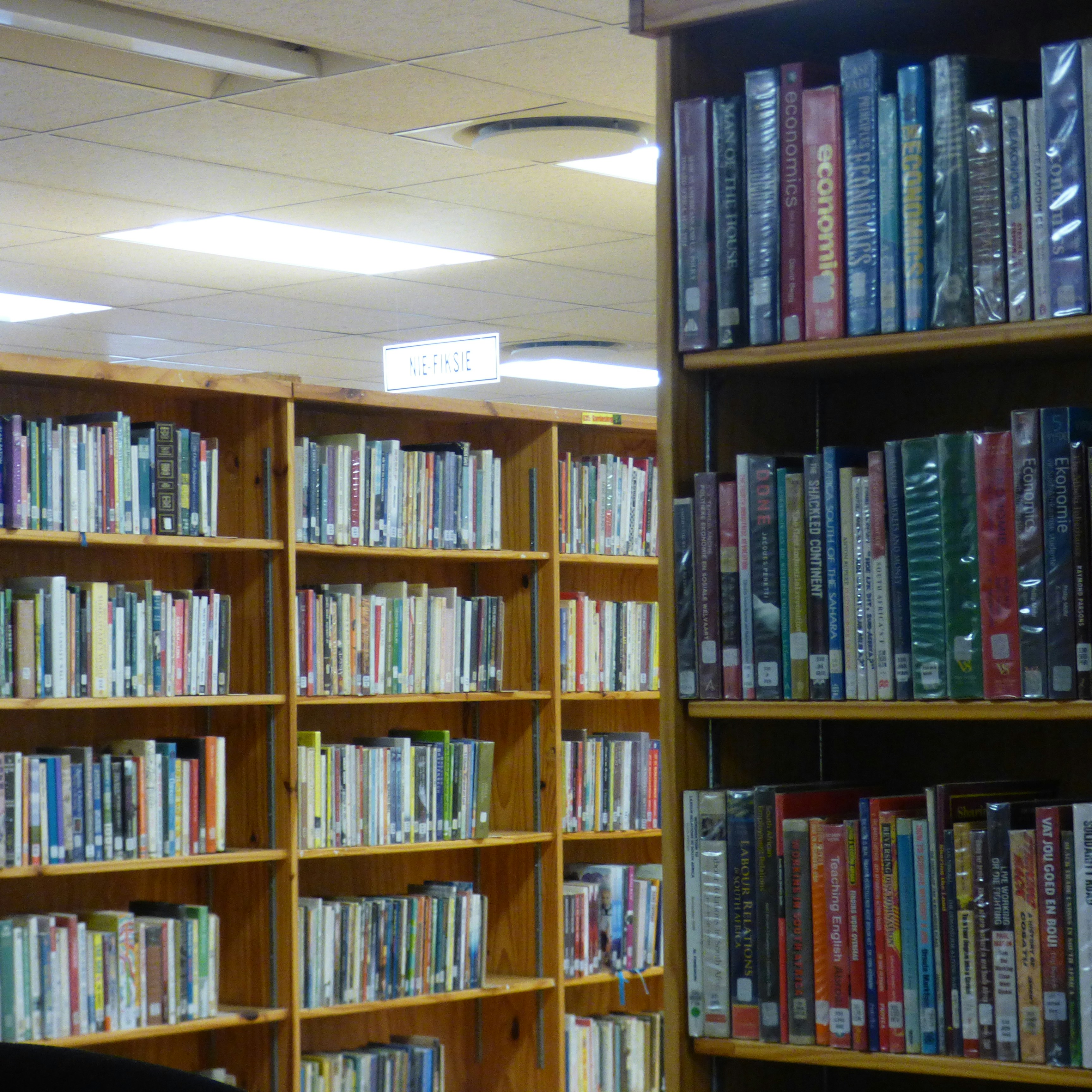Quiet Aisle: Bookshelves Framing a Library Corridor