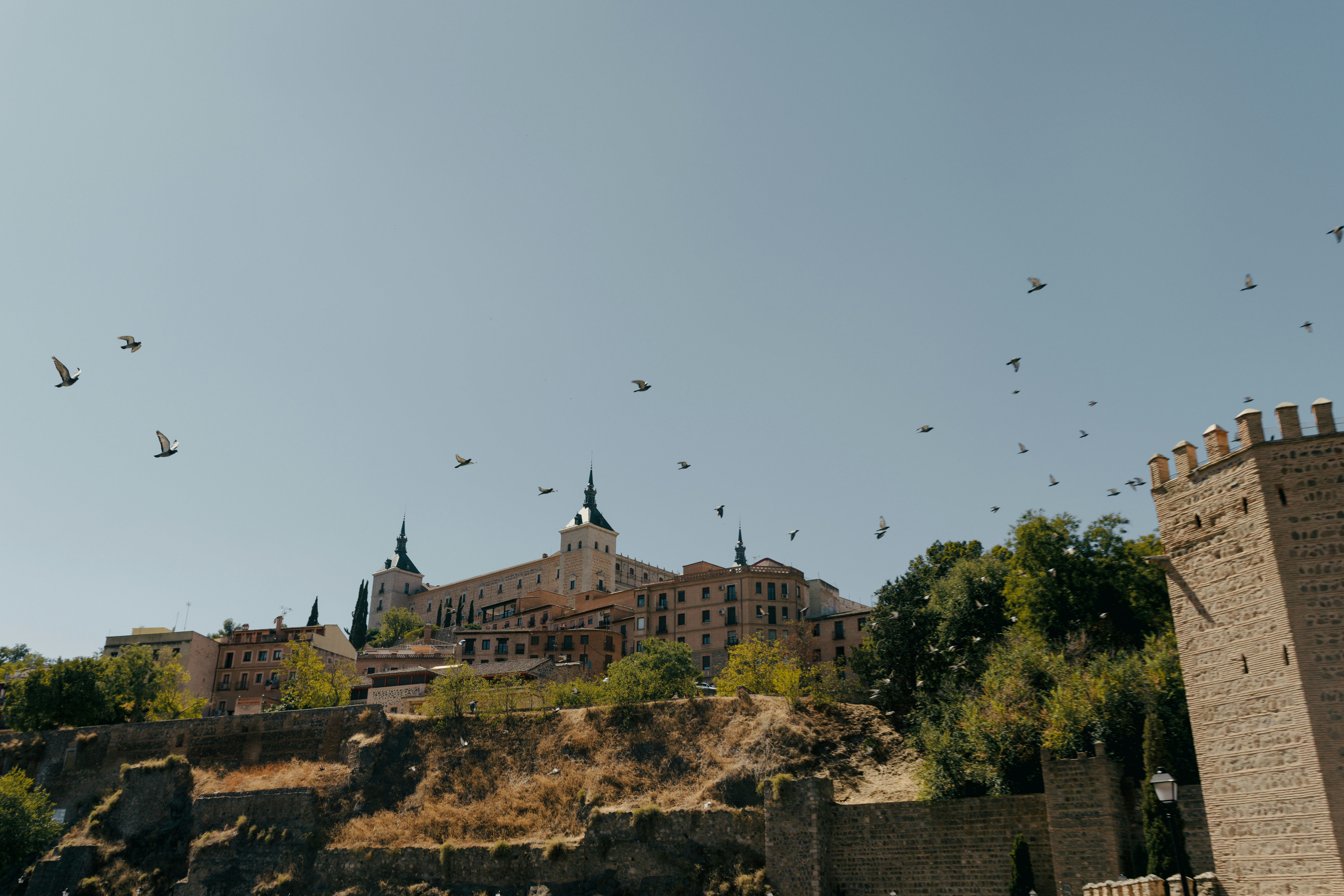 Cliffside Fortress Meets Sky: A Terrace of Silhouettes and Birds