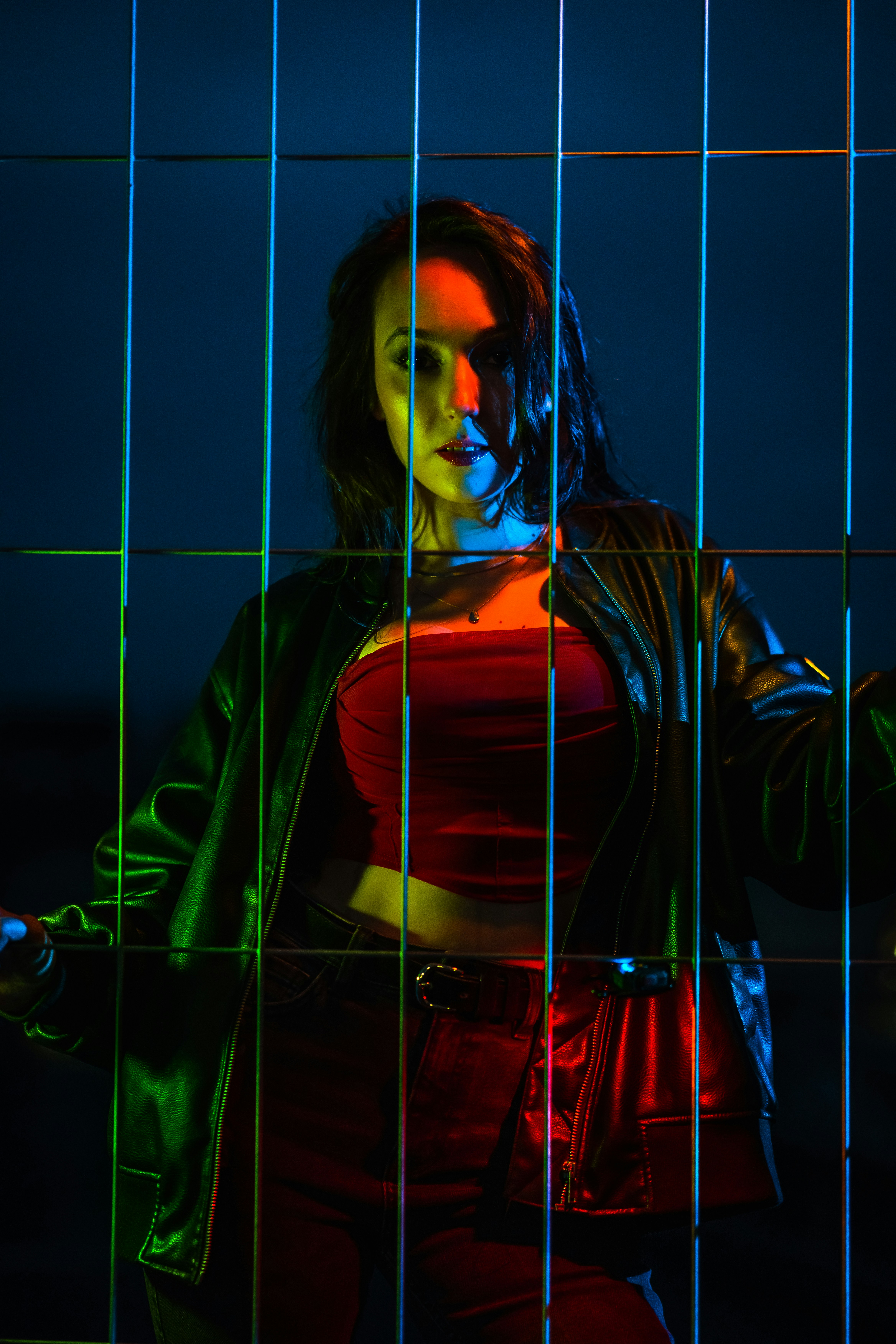 Neon Grid Portrait: Rebel in Red and Leather