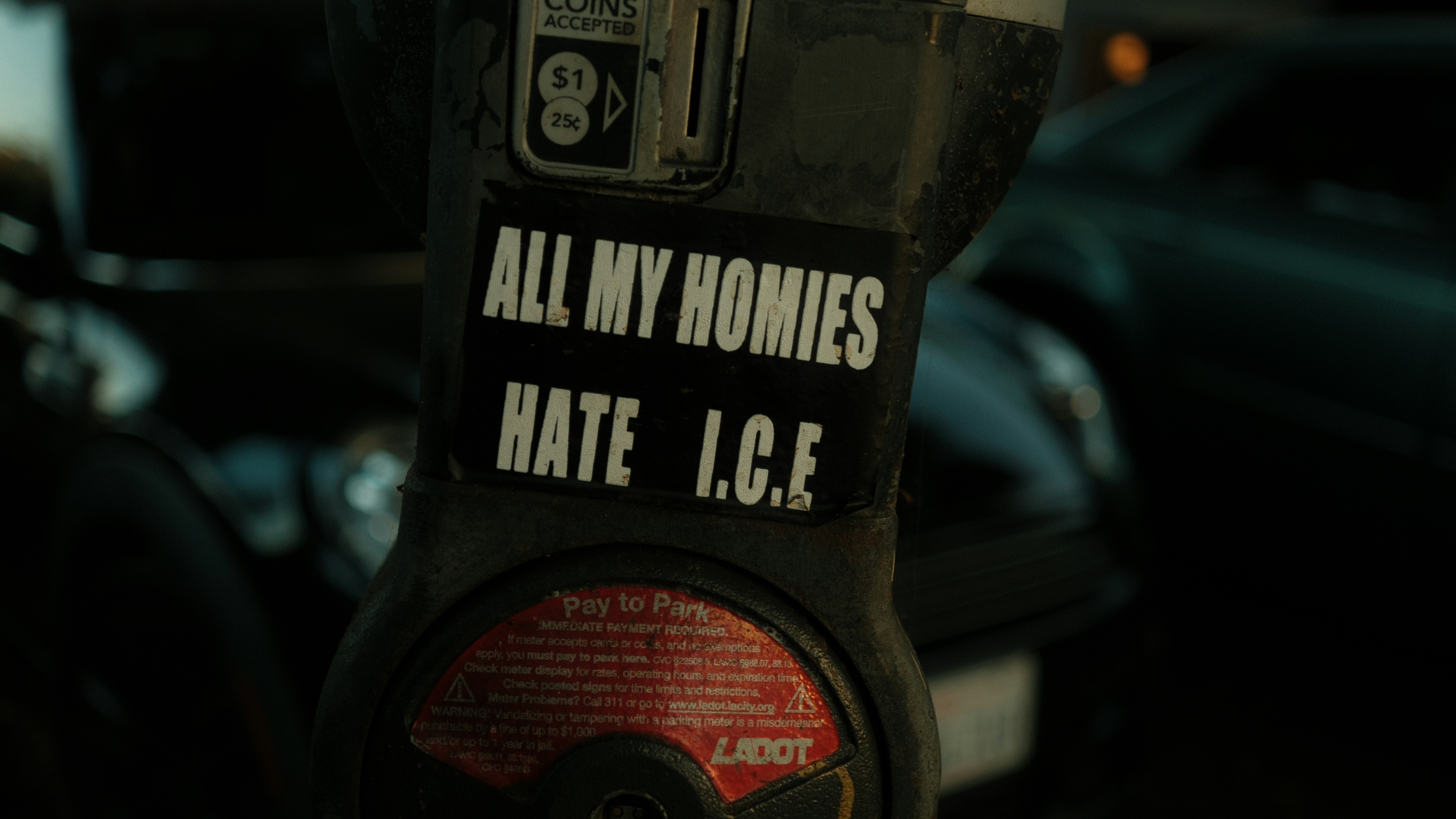 A close crop of a weathered parking meter with a bold sticker reading 'ALL MY HOMIES HATE ICE' plastered on its side. The scene emphasizes urban grit and vandalized public infrastructure.