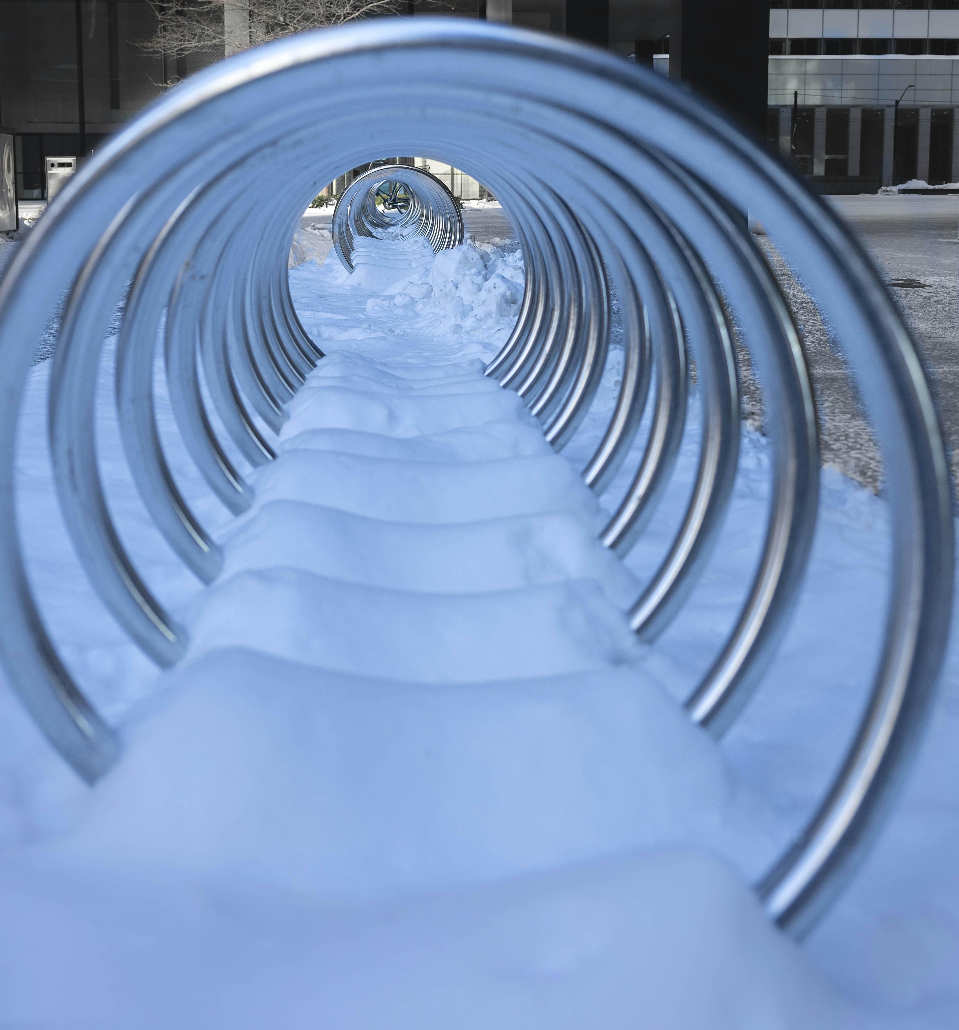 A row of circular metal bike racks covered in fresh white snow