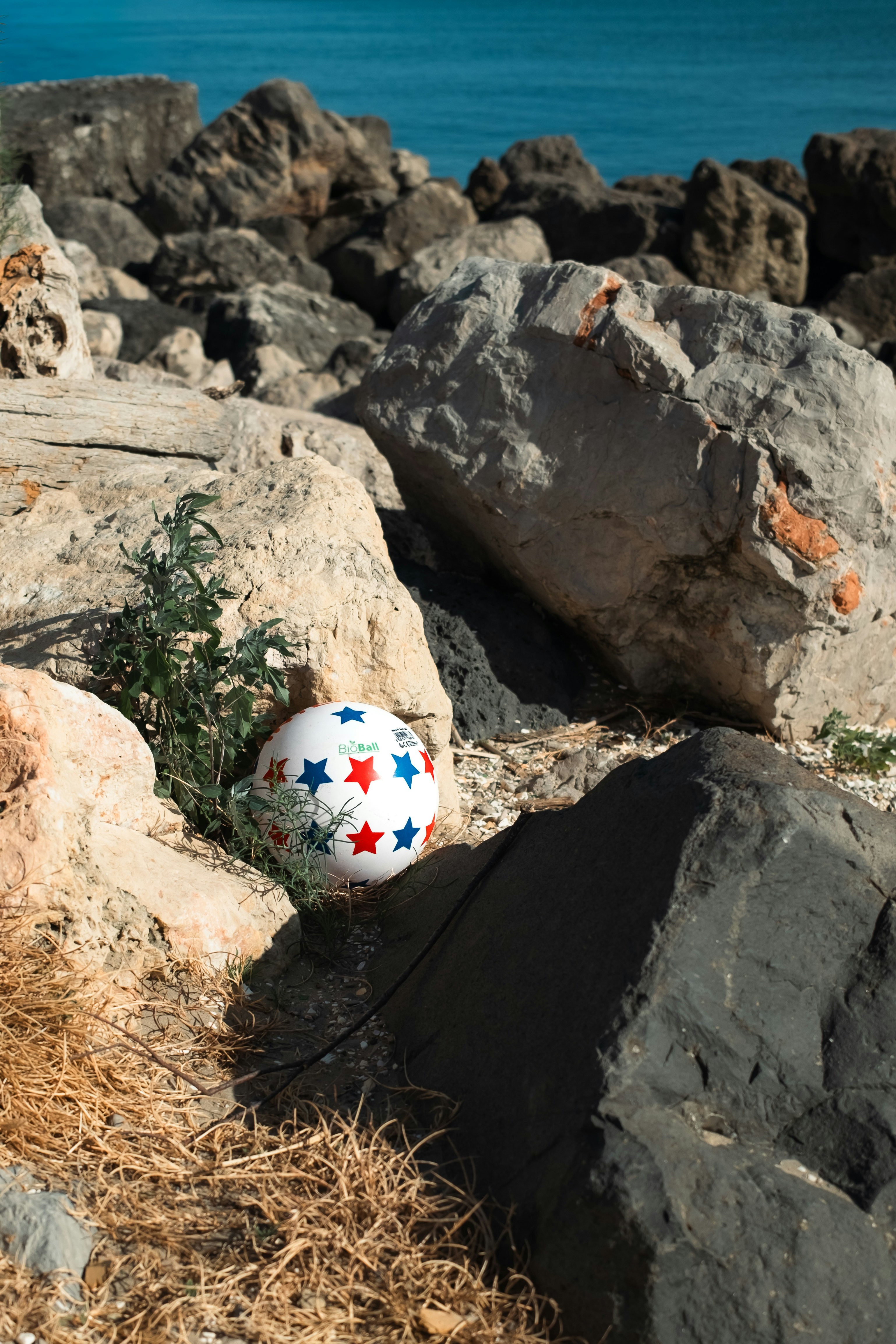 Red, White, and Coastal: A Game Ball Among Stones by the Sea