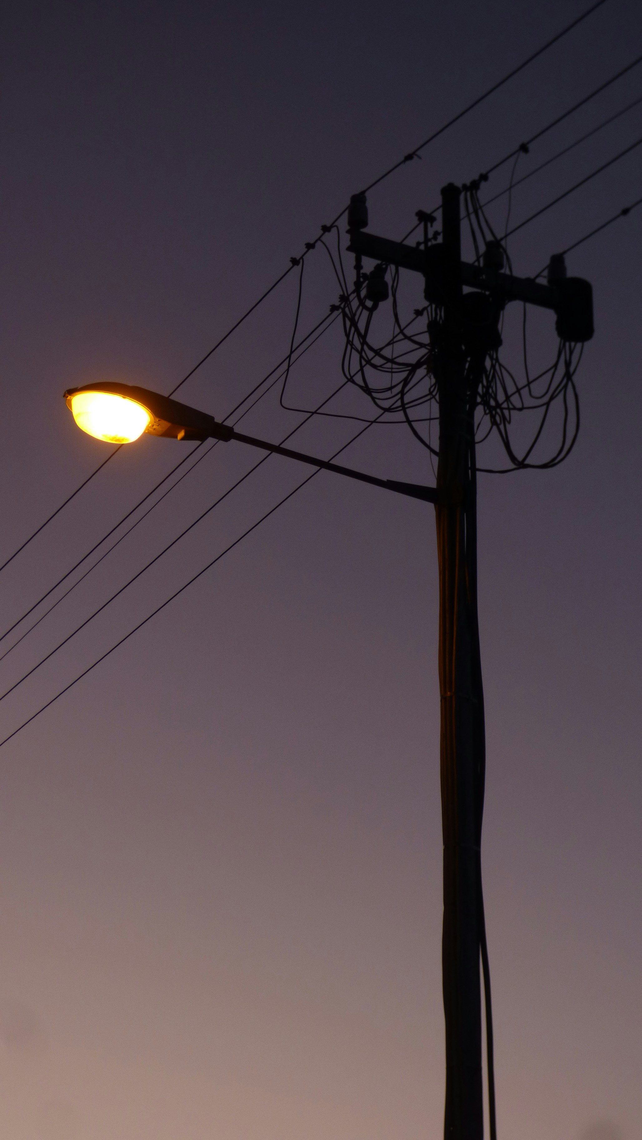 Amber Glow on a Silent Pole: twilight streetlight at dusk